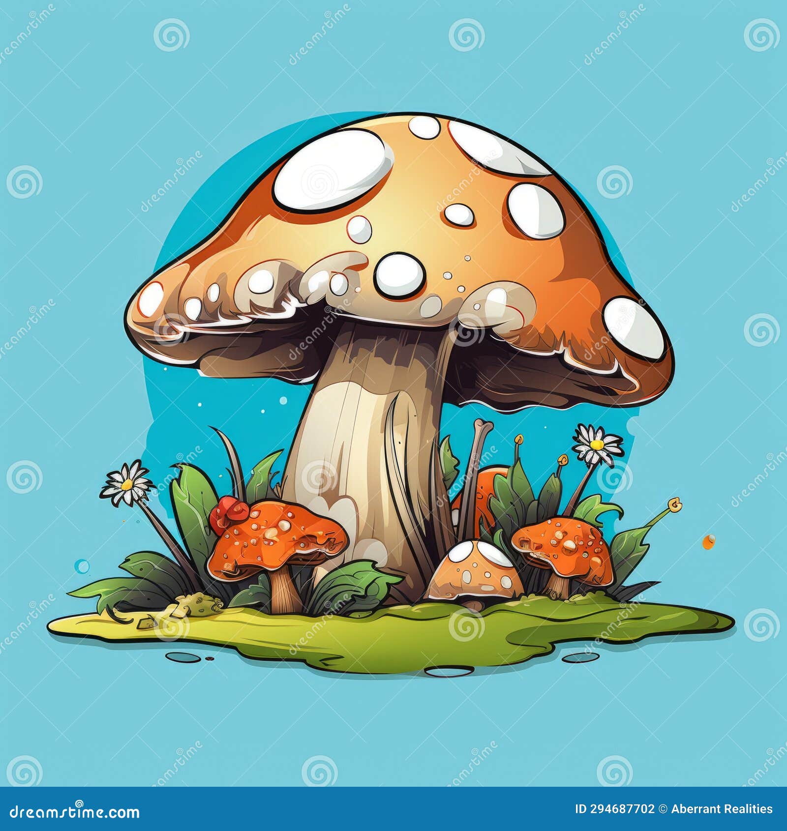 Cartoon Illustration of a Mushroom on a Blue Background Stock ...