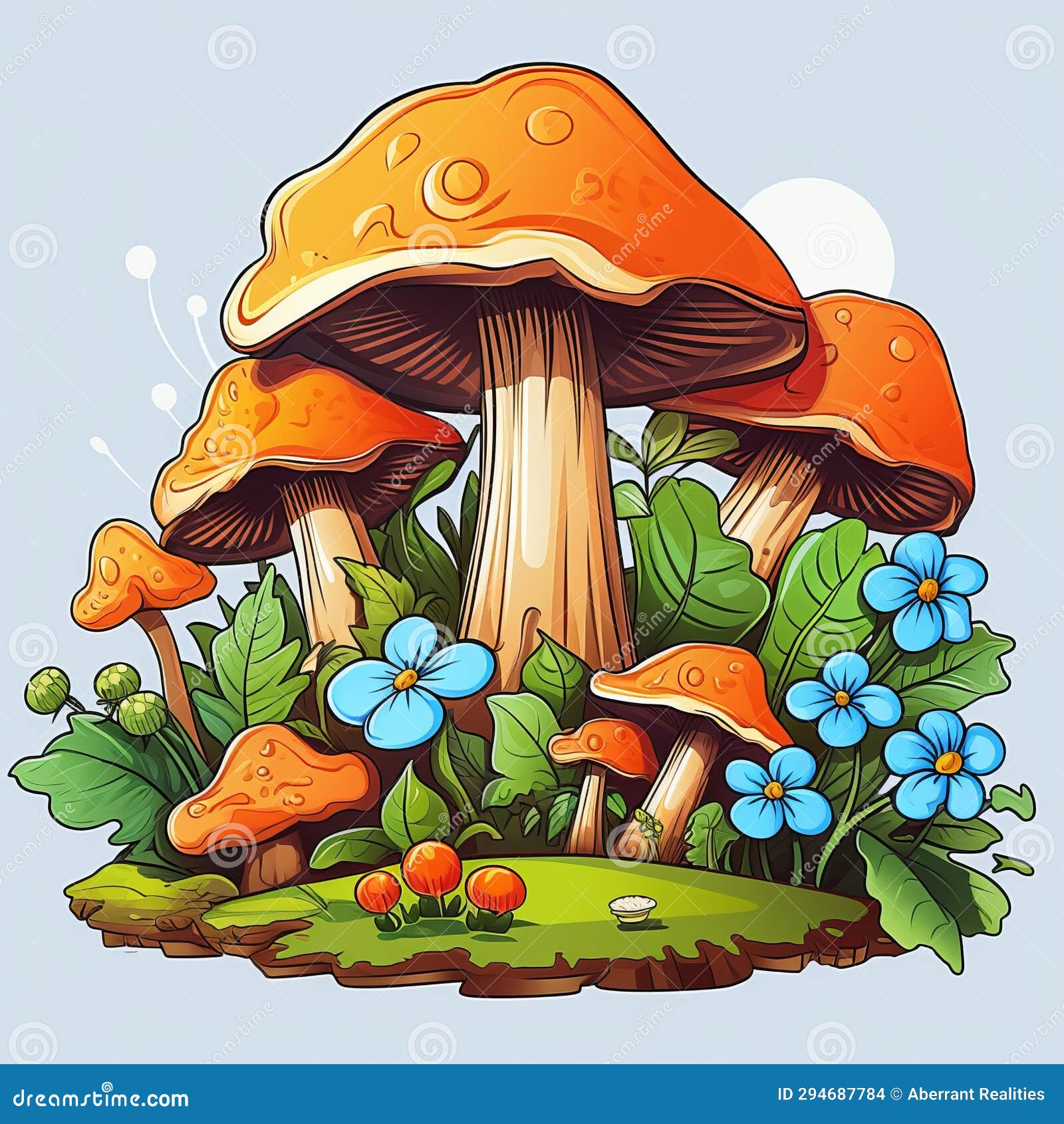 Cartoon Illustration of Mushrooms and Flowers Stock Illustration ...