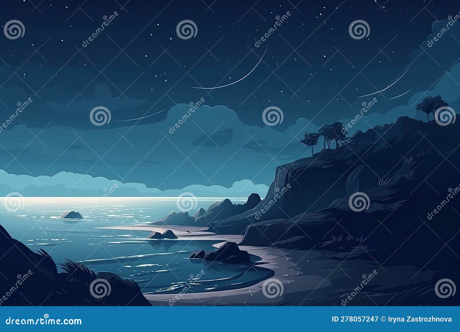 Cartoon Illustration of Night Beautiful Bay. Generative AI Stock ...
