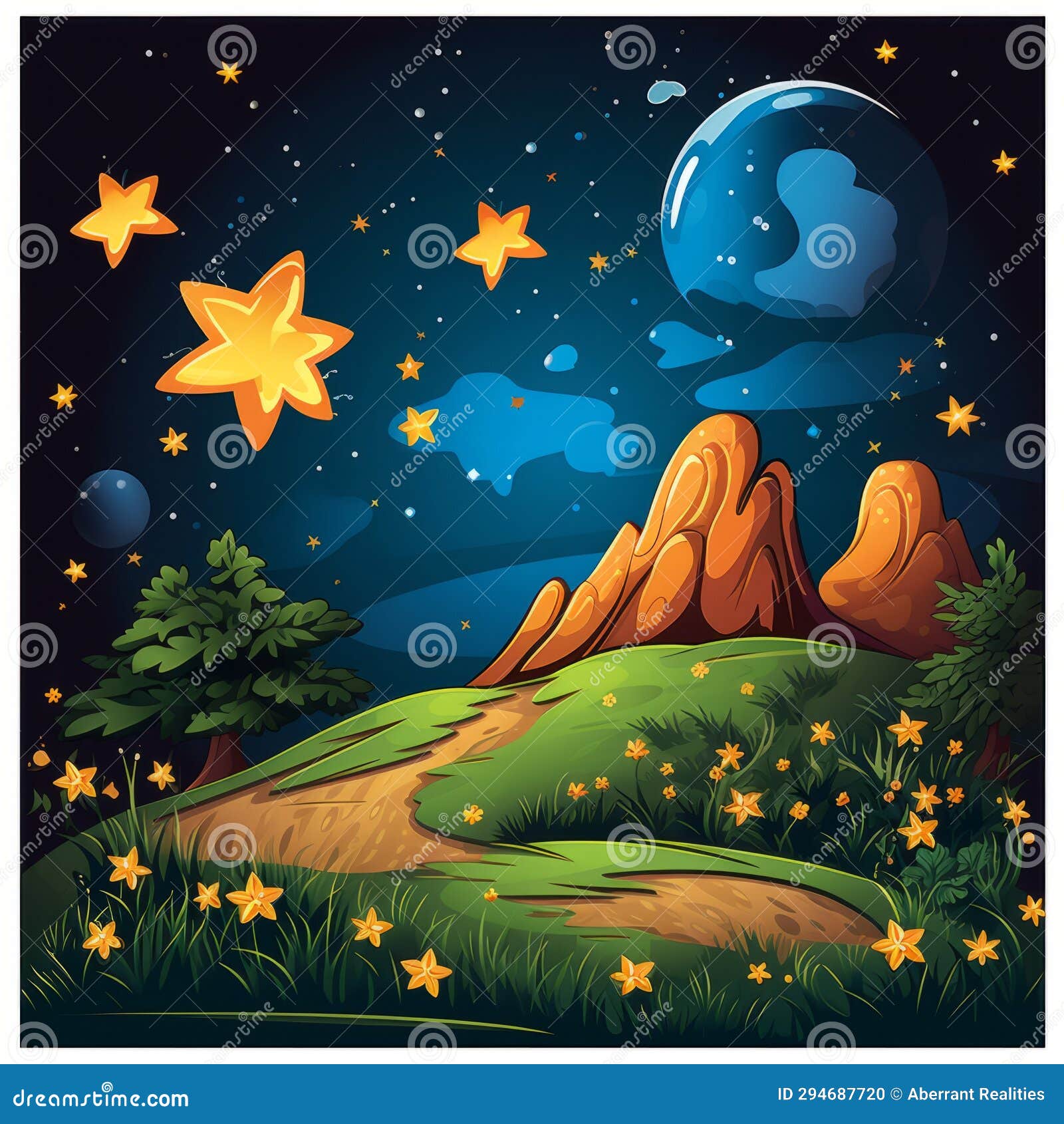 Cartoon Illustration of a Night Scene with Stars and Trees Stock ...