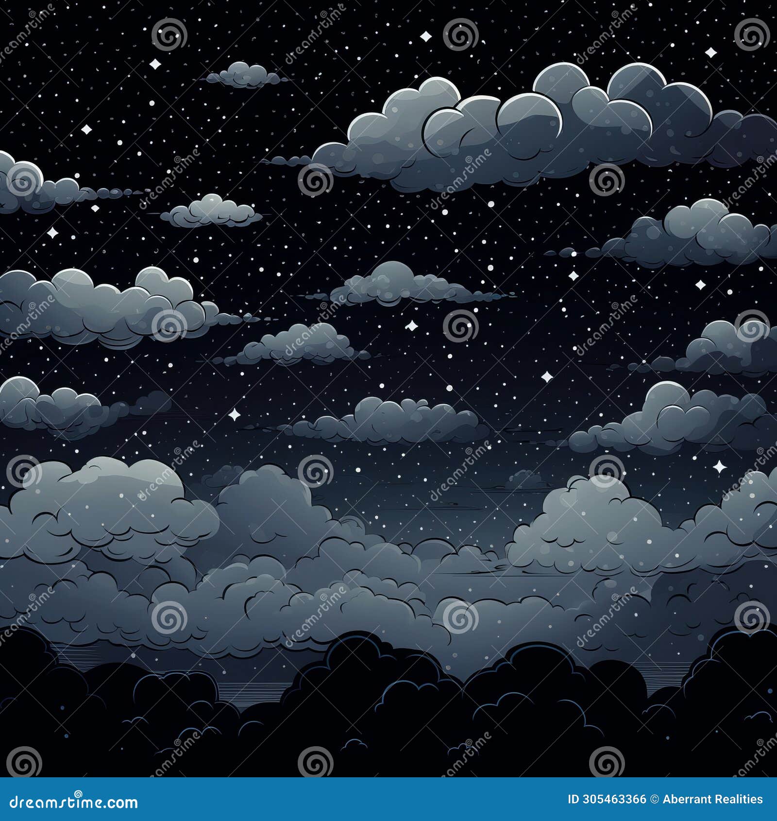 Cartoon Illustration of Night Sky with Clouds and Stars Stock ...