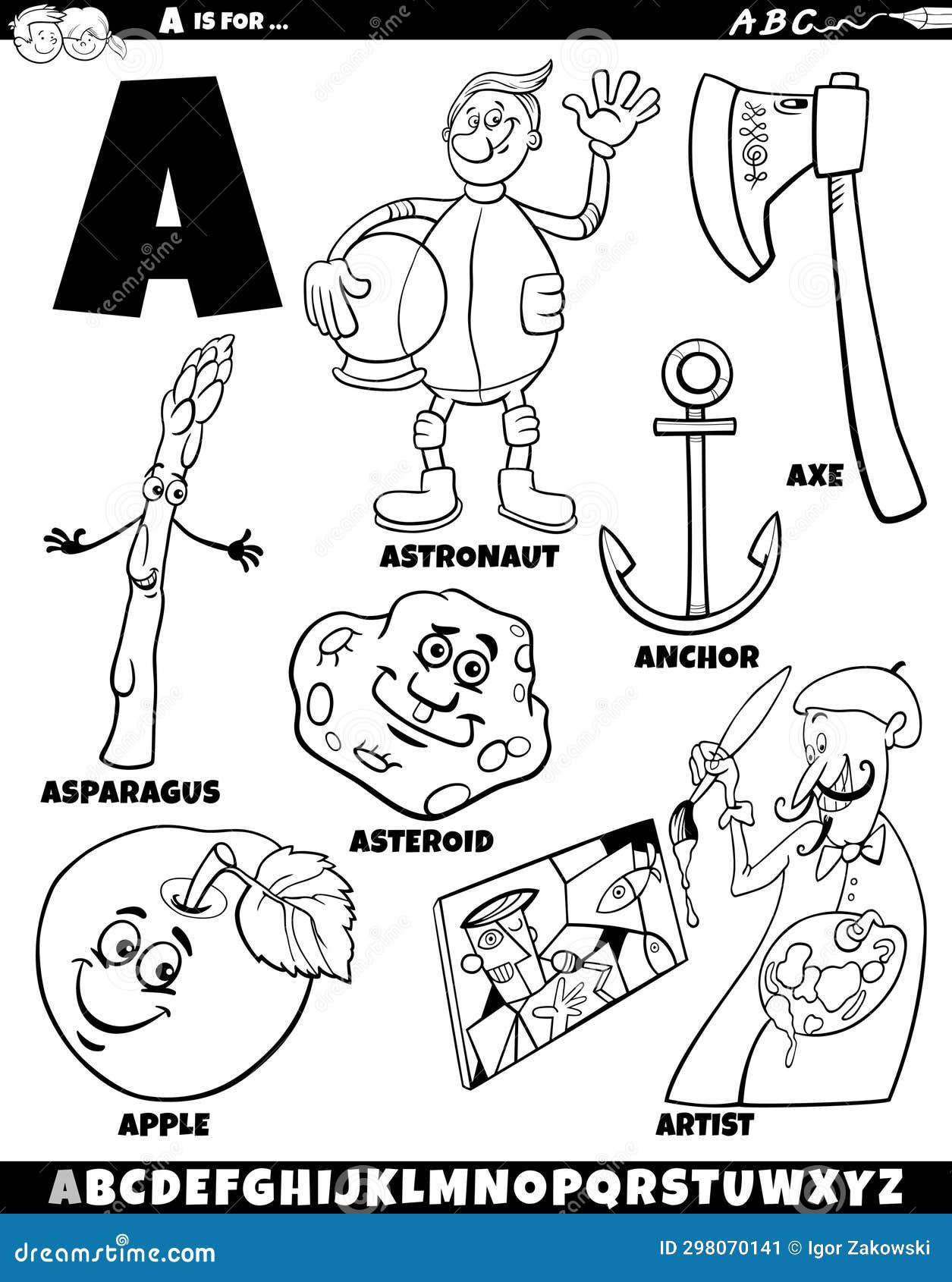 Letter a Set with Cartoon Objects and Characters Coloring Page Stock ...