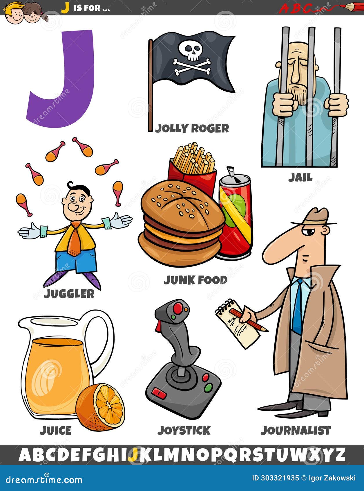 Letter J Set with Cartoon Objects and Characters Stock Vector ...