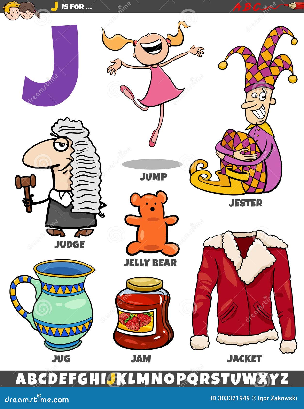 Letter J Set with Cartoon Objects and Characters Stock Vector ...