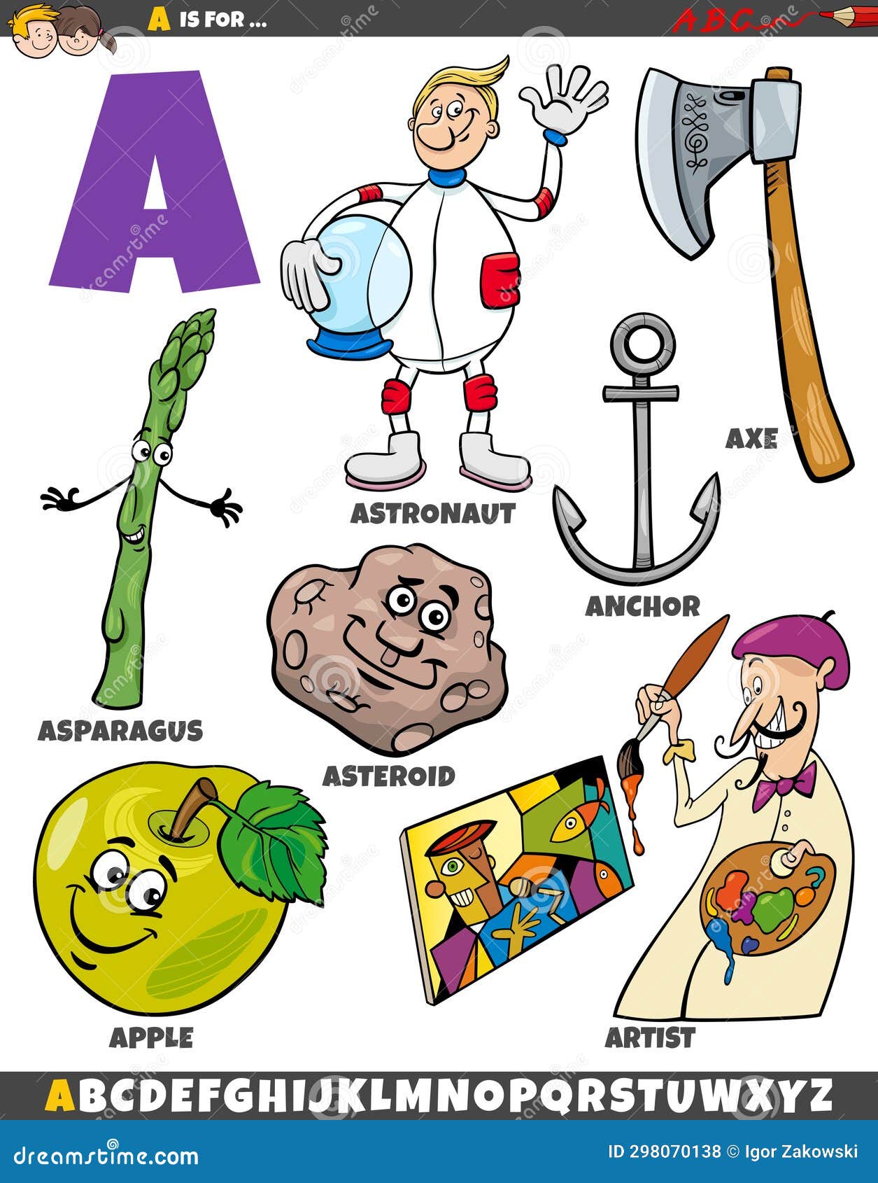 Letter a Set with Cartoon Objects and Characters Stock Vector ...