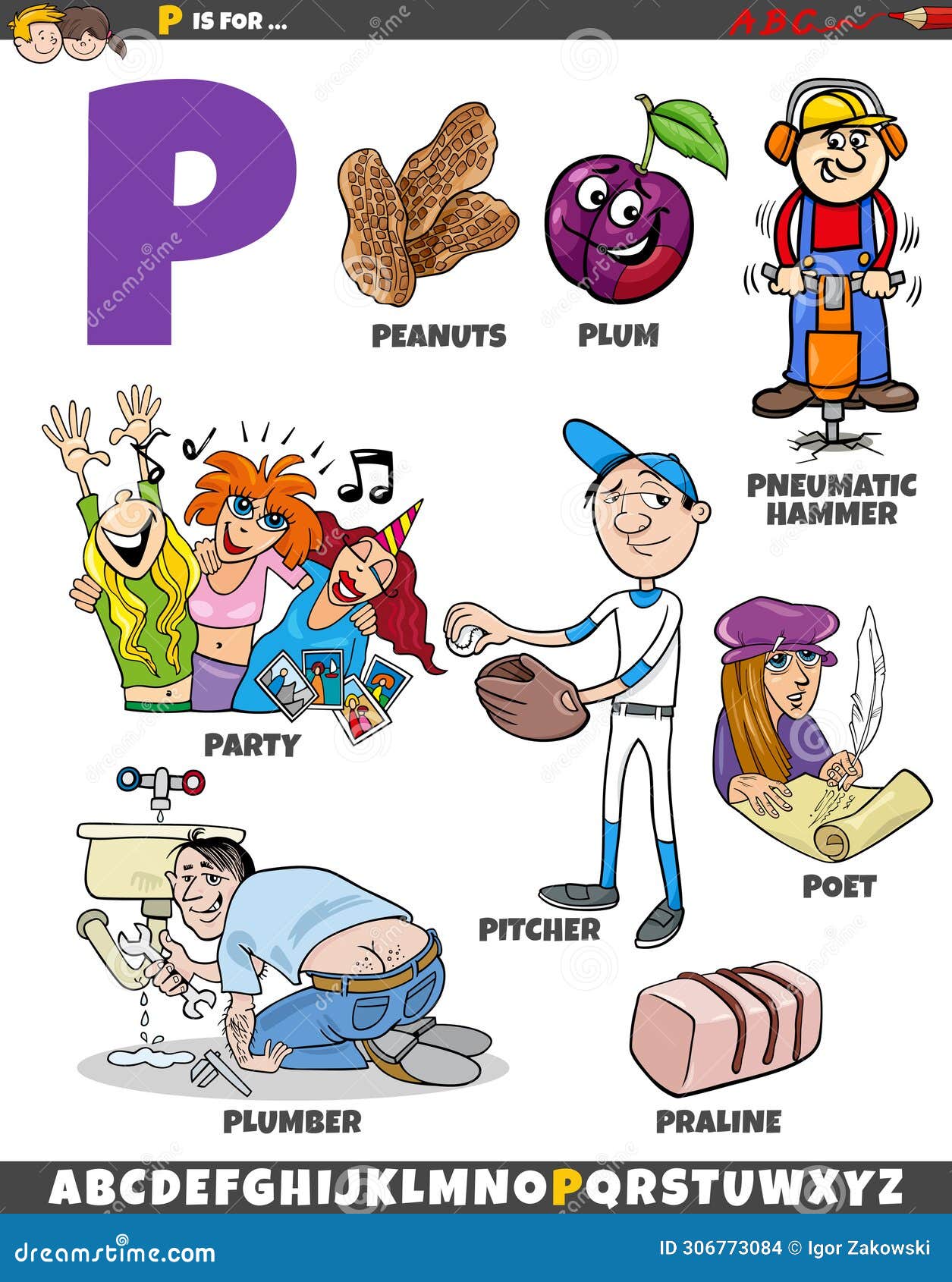 Letter P Set with Cartoon Objects and Characters Stock Vector ...