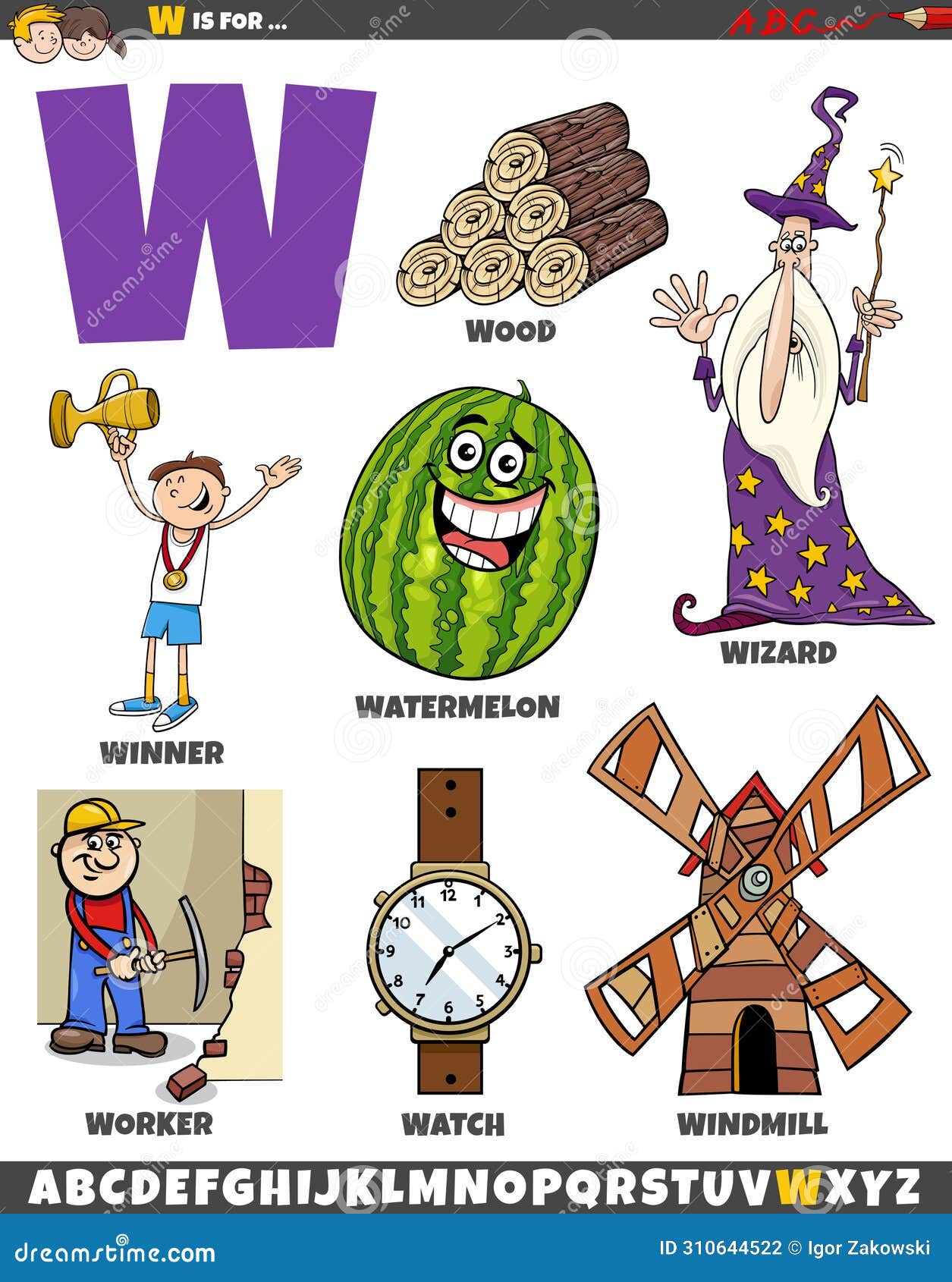 Letter W Set with Cartoon Objects and Characters Stock Vector ...