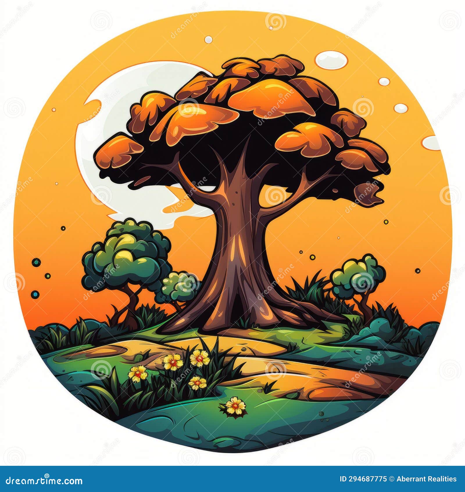 Cartoon Illustration of an Orange Tree in the Middle of a Field Stock ...