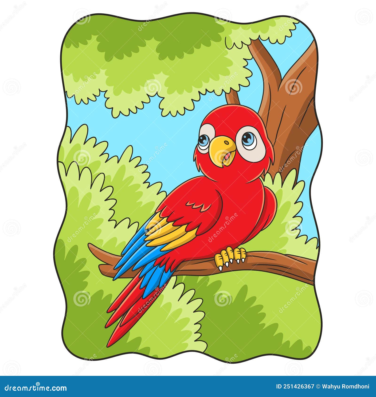 Cartoon Illustration the Parrot is Perched on a Tall and Big Tree Trunk ...