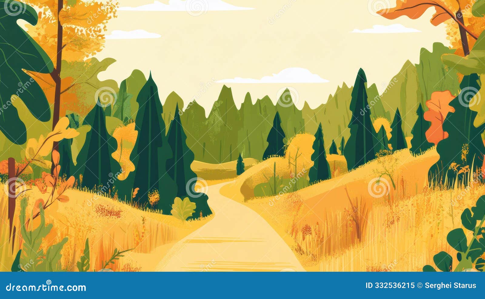 A Cartoon Illustration of a Path through the Woods with Trees and Grass ...