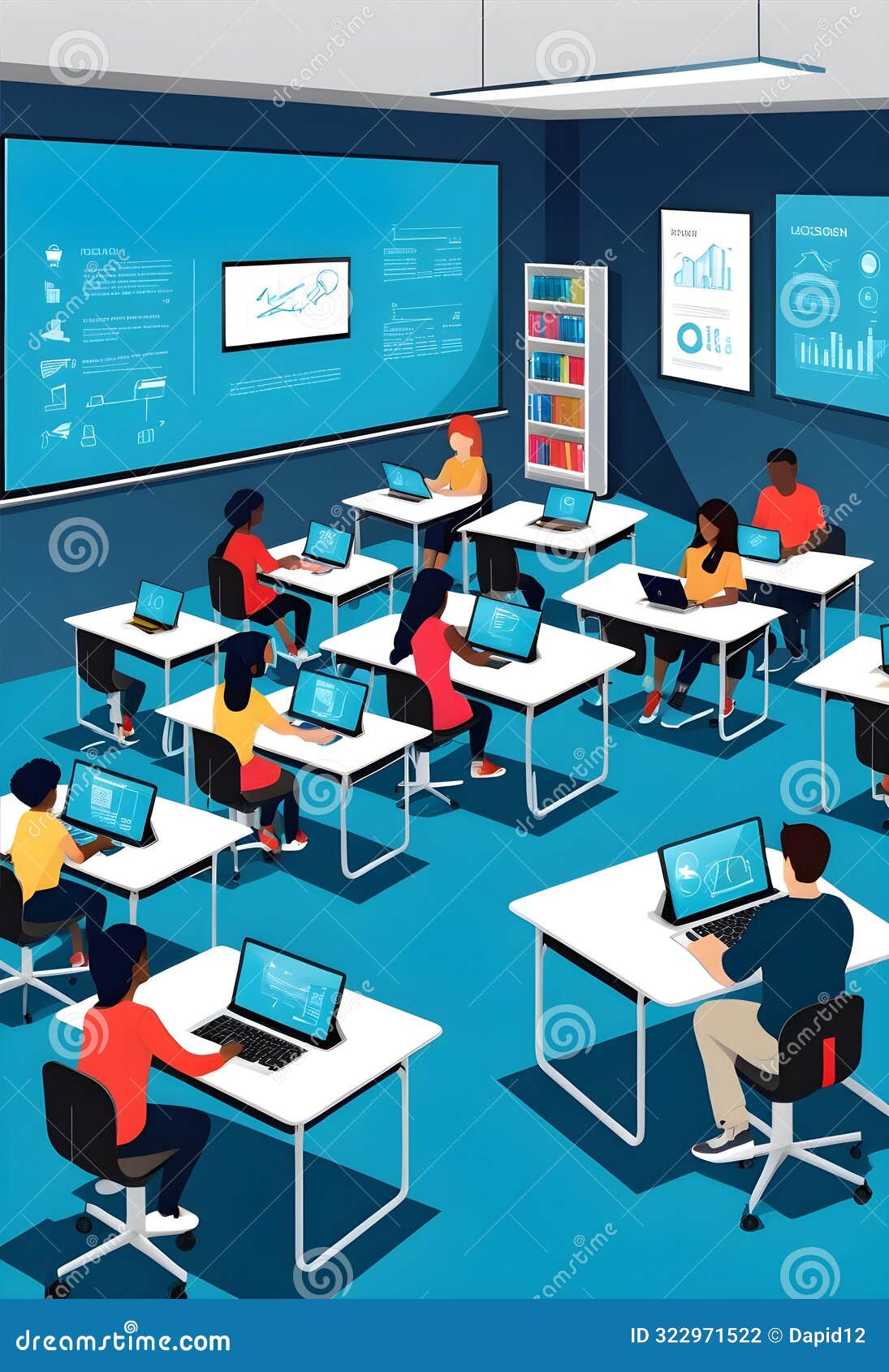 A Cartoon Illustration of People Working in a Classroom with a Board ...
