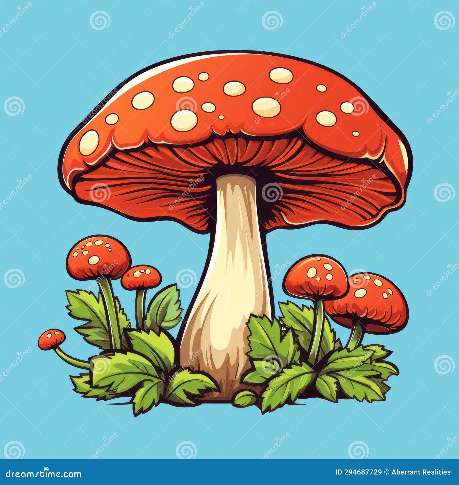 Cartoon Illustration of a Red Mushroom on a Blue Background Stock ...