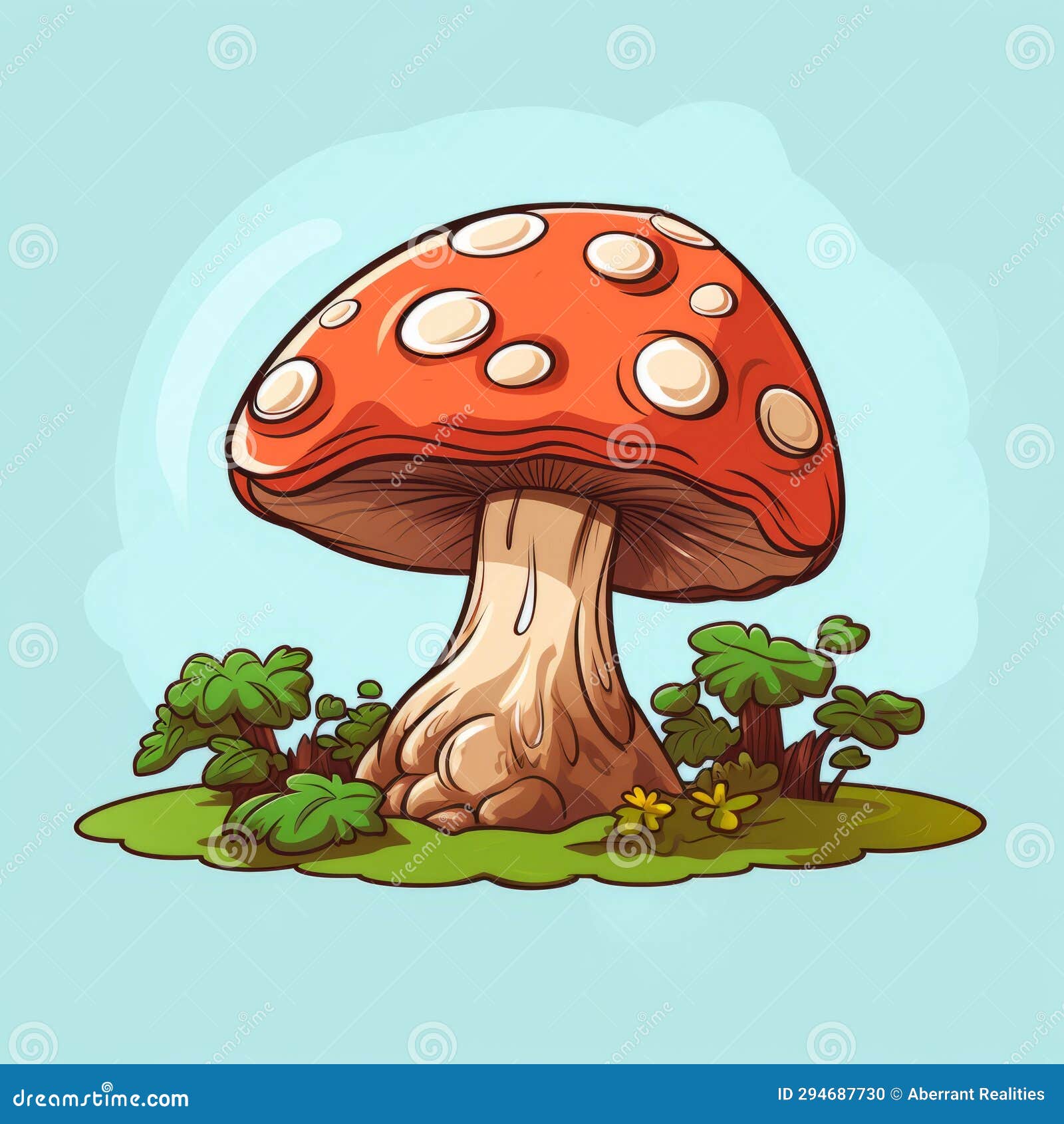 Cartoon Illustration of a Red Mushroom on a Blue Background Stock ...