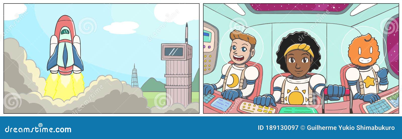 Cartoon Illustration of a Rocket Launch with Three Astronauts, with a ...