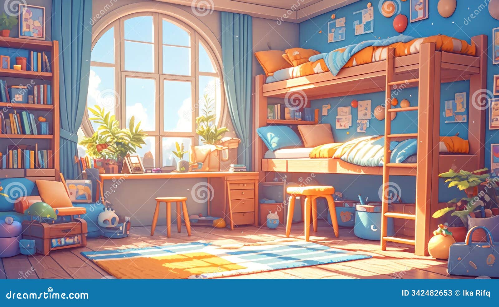 Cartoon Illustration of a Room with a Bunk Bed, Desk, and Window Stock ...