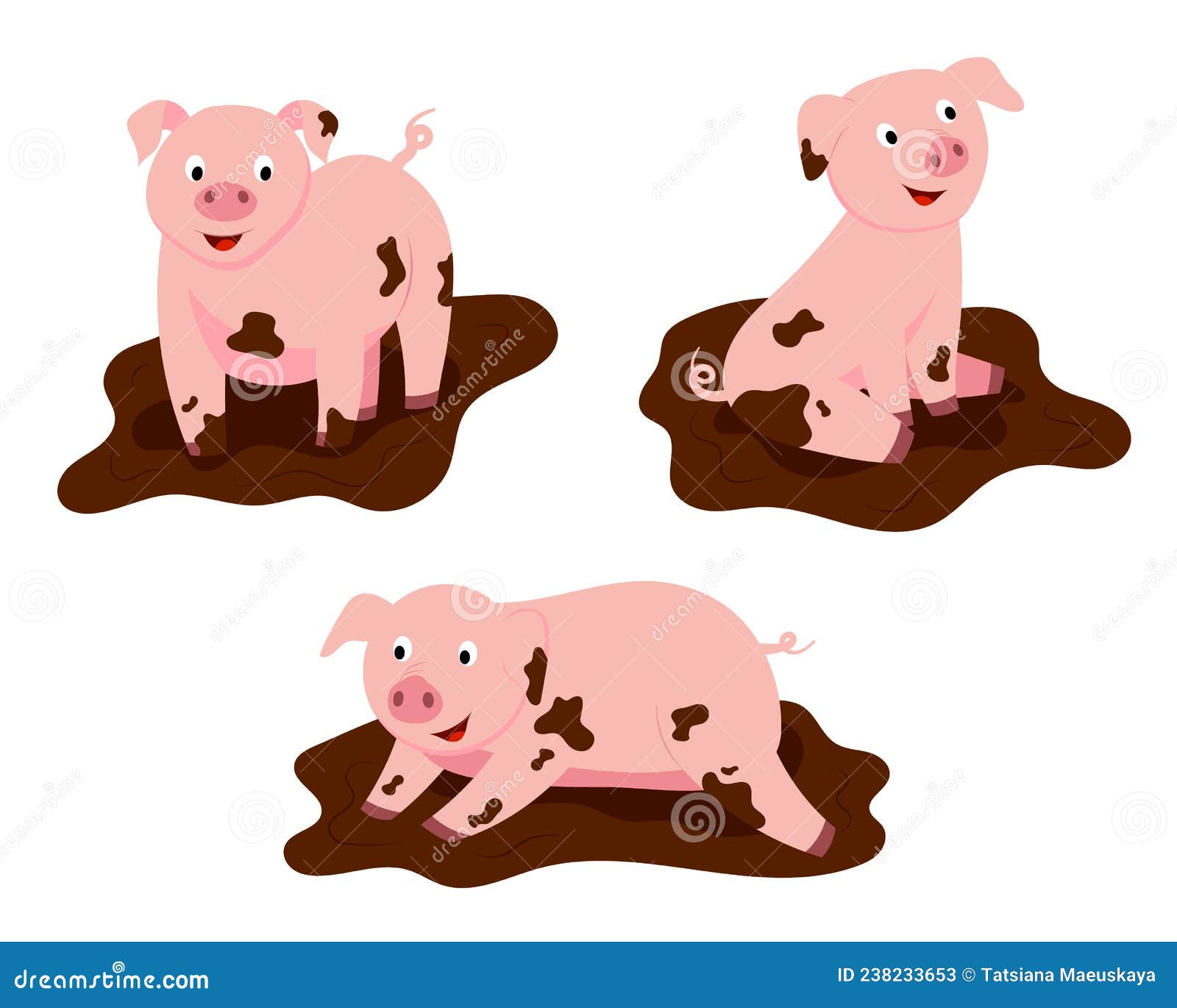 Cartoon Illustration, a Set of Cute Pigs in the Mud. Vector Isolated on ...