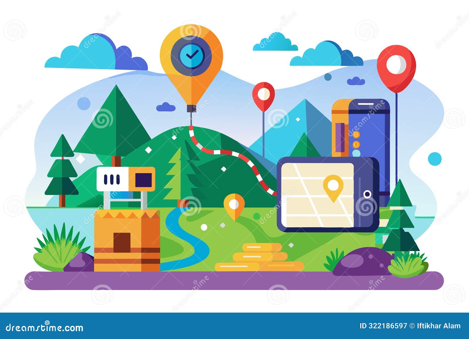 Cartoon Illustration Showing a Mobile Device with a Map and Location ...