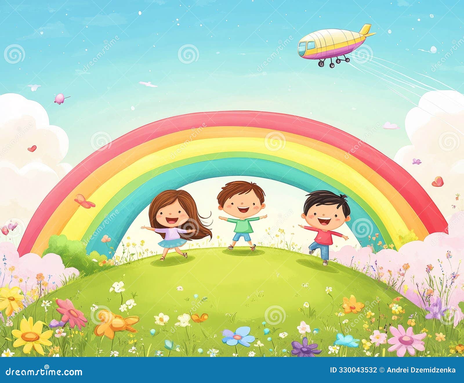 This Cartoon Illustration Shows Children on a Rainbow Stock Photo ...