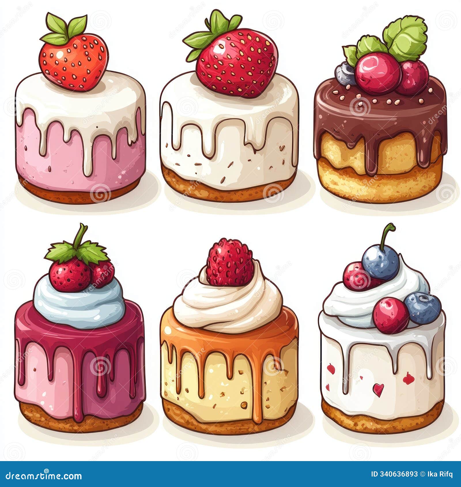 Cartoon Illustration of Six Mini Cakes with Various Toppings Stock ...