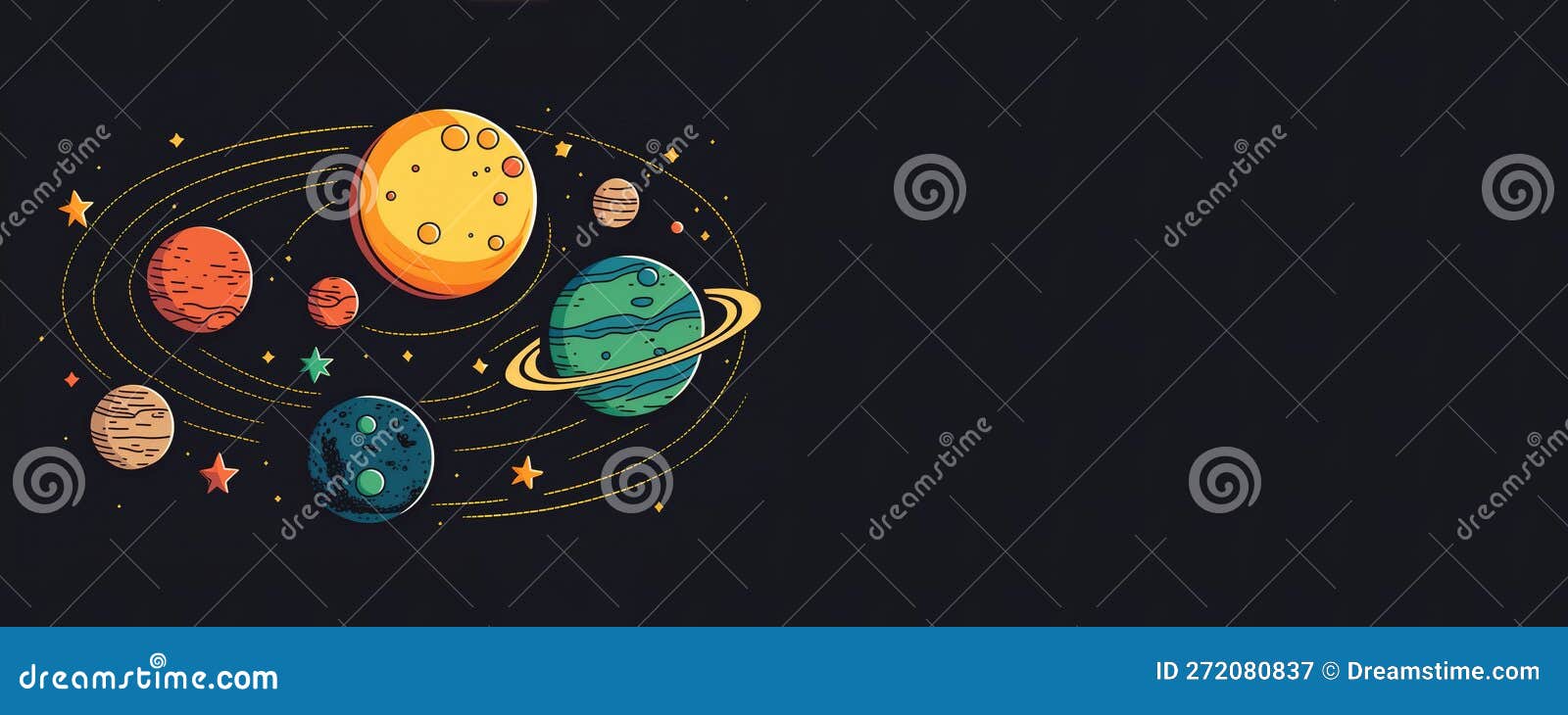 Cartoon Illustration of Solar System Over Black Background with Copy ...