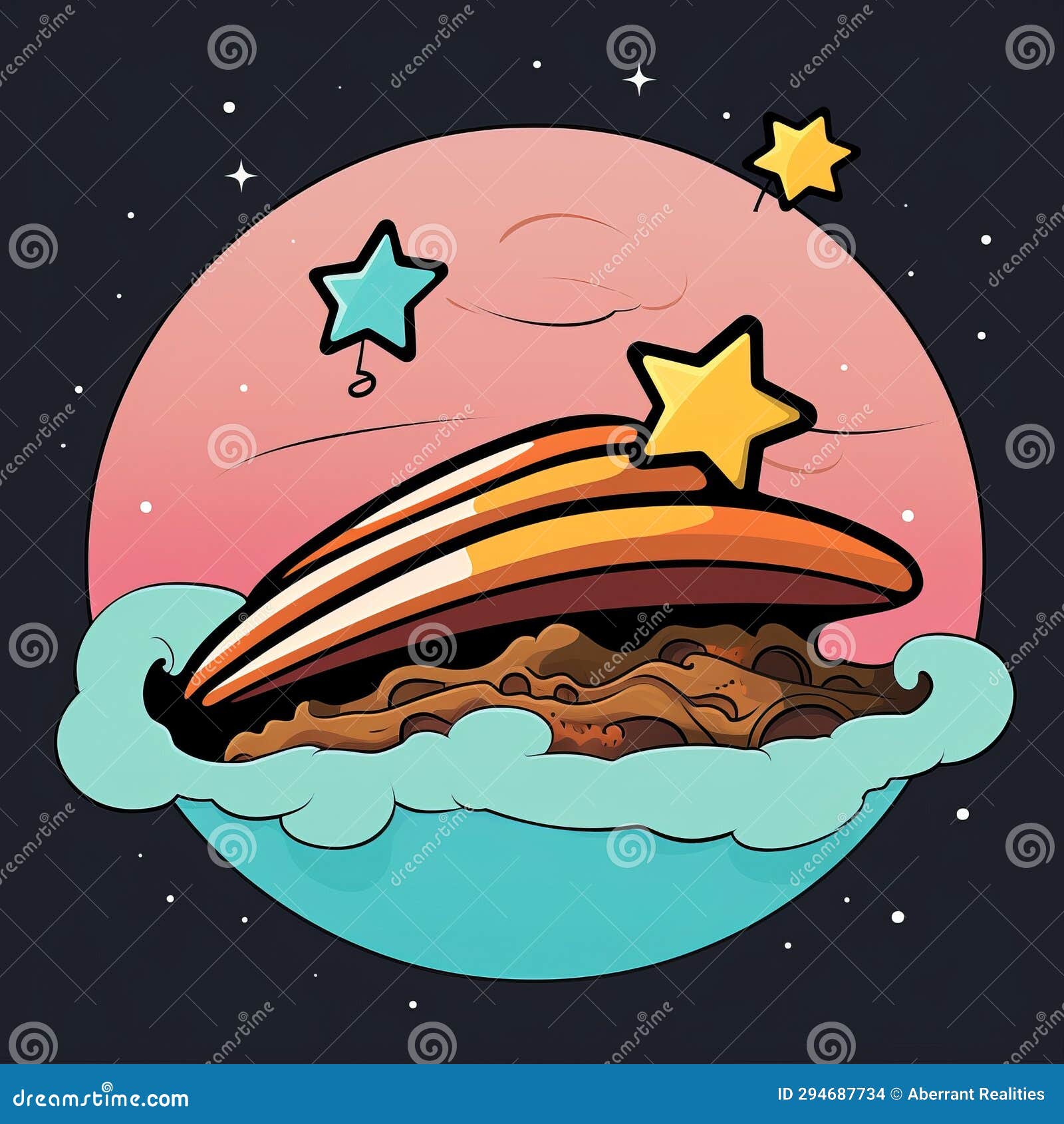 Cartoon Illustration of a Space Ship Floating in the Sky with Stars ...