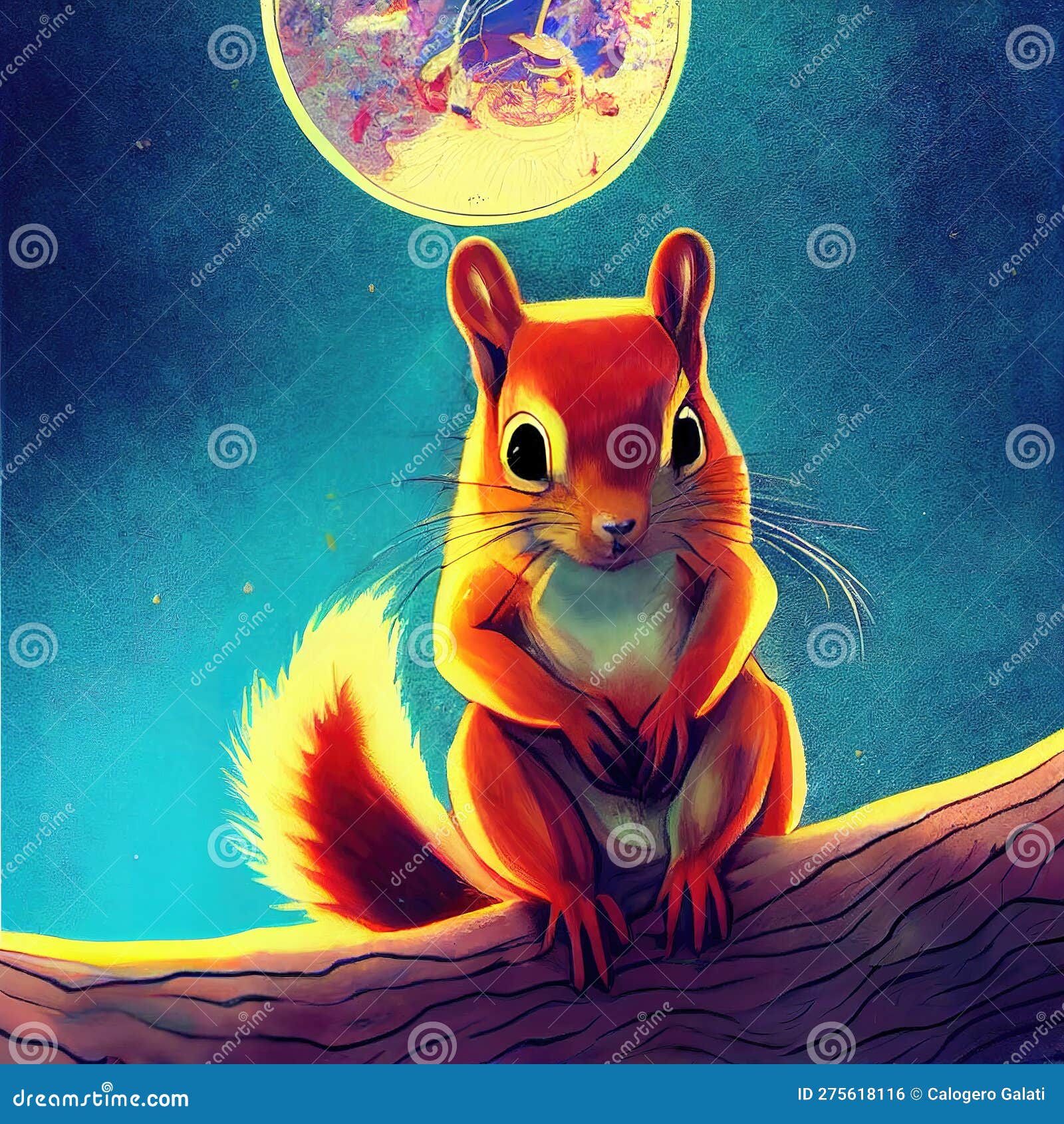 A Cartoon Illustration Of A Squirrel On A Banch With A Moon In ...