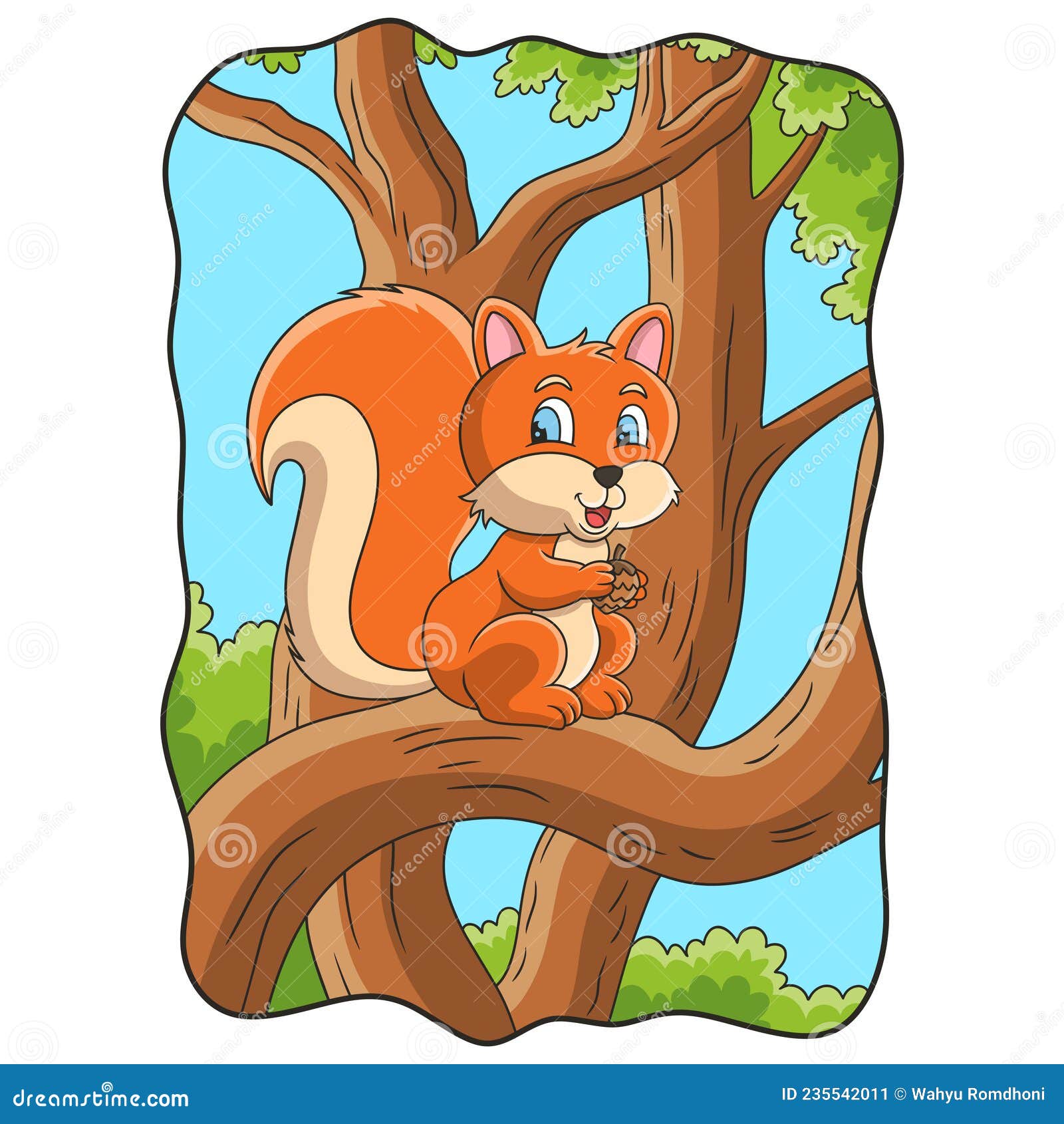 Cartoon Illustration the Squirrel is Sitting on a Tree Trunk in the ...