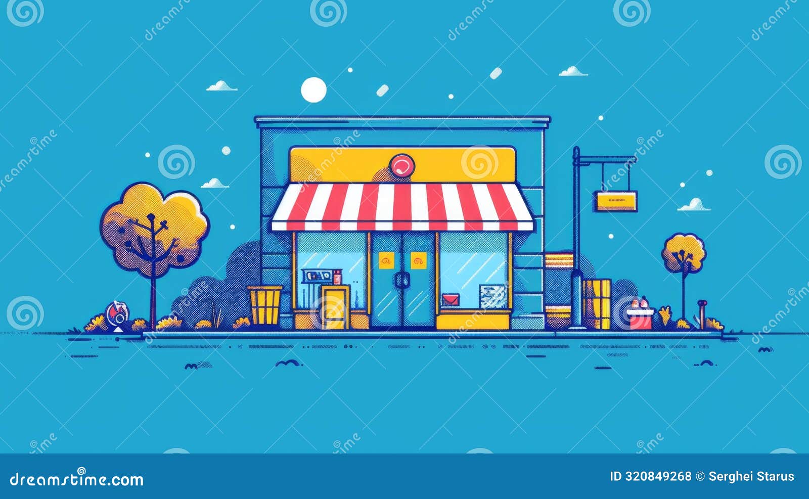 A Cartoon Illustration of a Store with an Umbrella and Trees, AI Stock ...