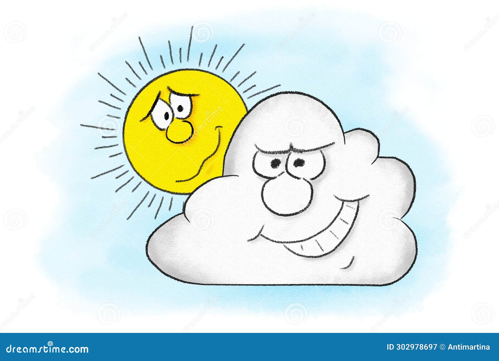 Cartoon Illustration of a Sun Hidden by Clouds in the Sky Stock ...