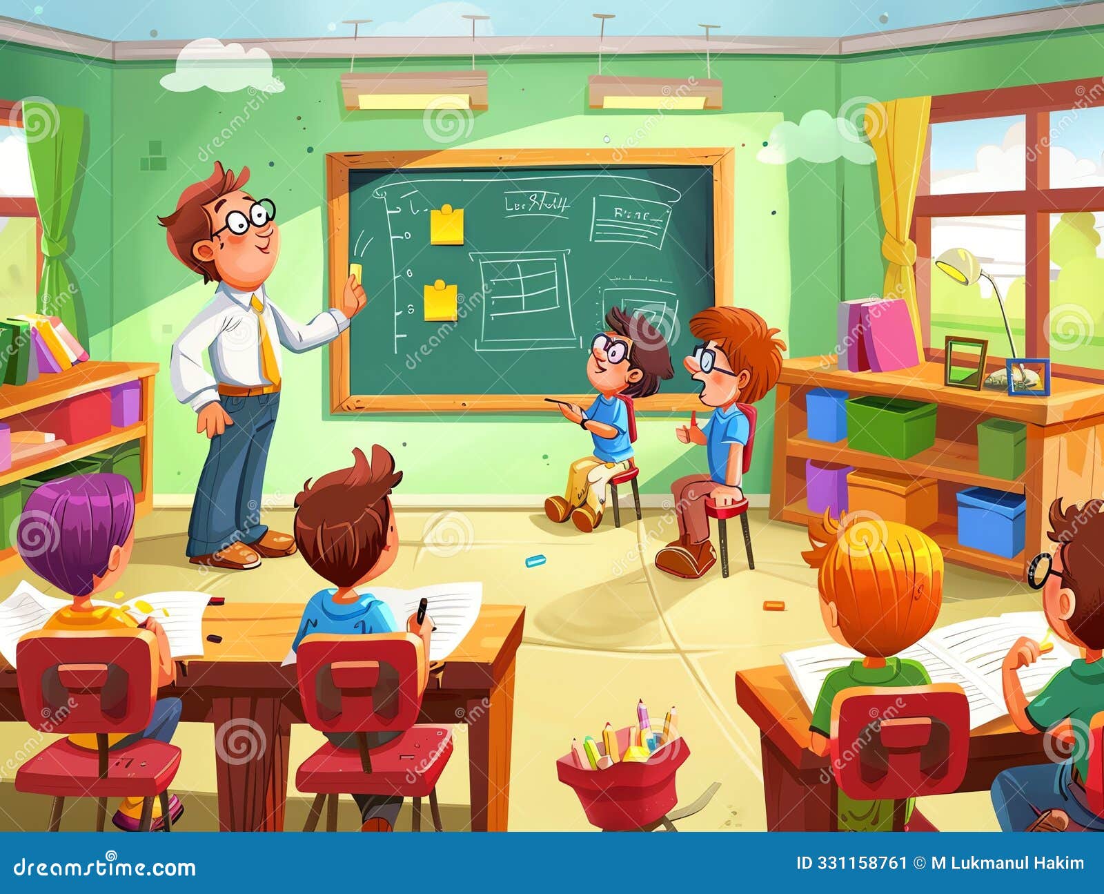 Cartoon Illustration of a Teacher Explaining Math Problems To a Class ...