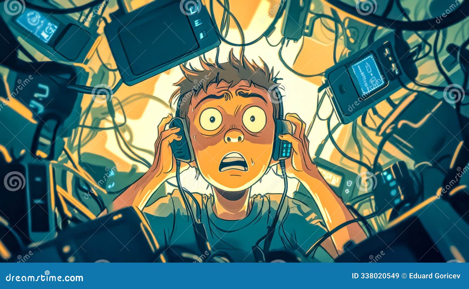 Stressed Technician Holding Headphones Surrounded by Gadgets and Wires ...