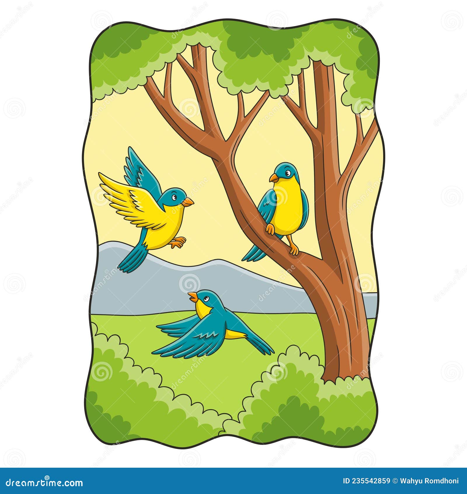 Cartoon Illustration Three Birds Playing in the Tree in the Middle ...