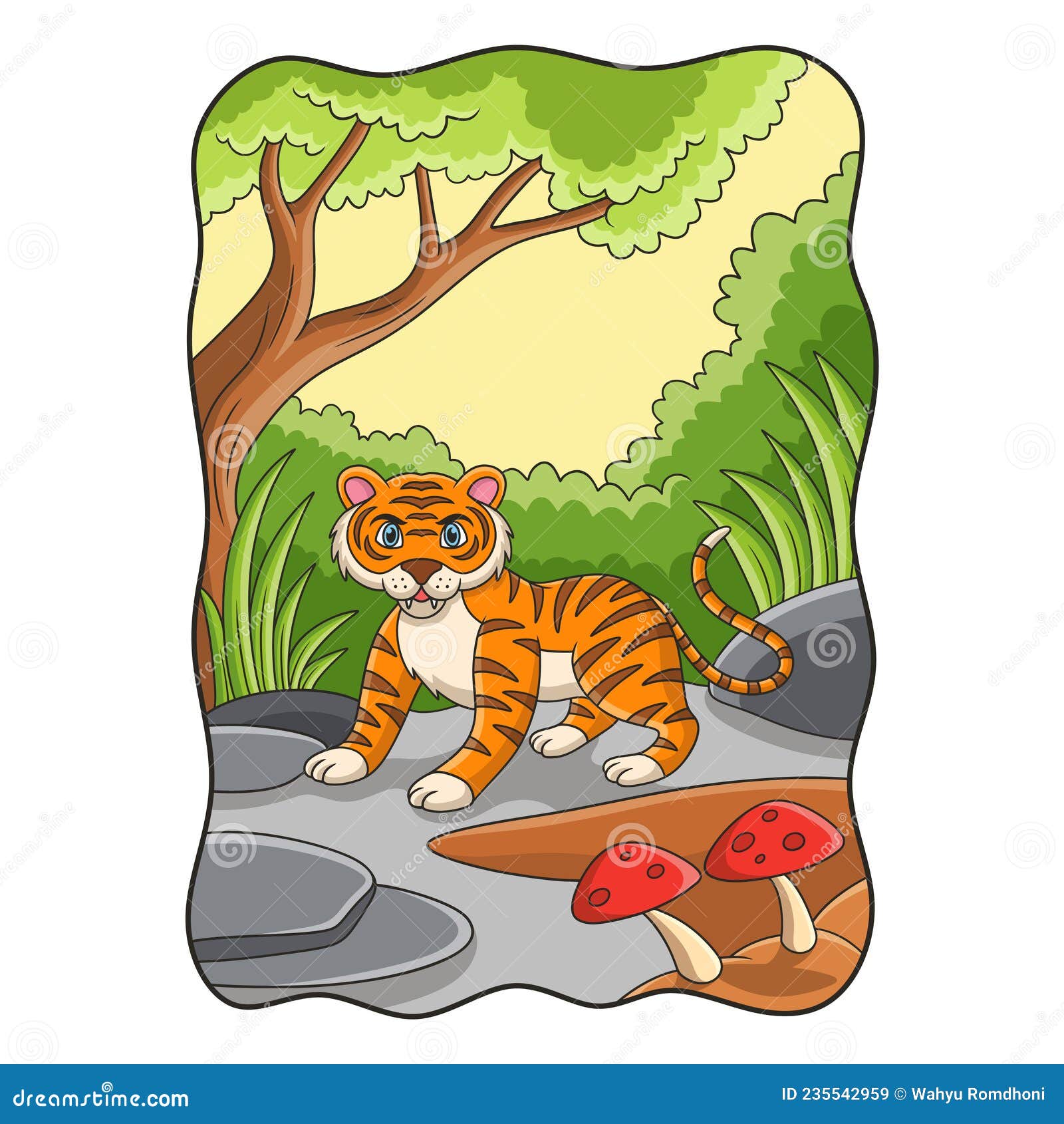 Cartoon Illustration the Tiger is Standing on a Big Rock Stock Vector ...