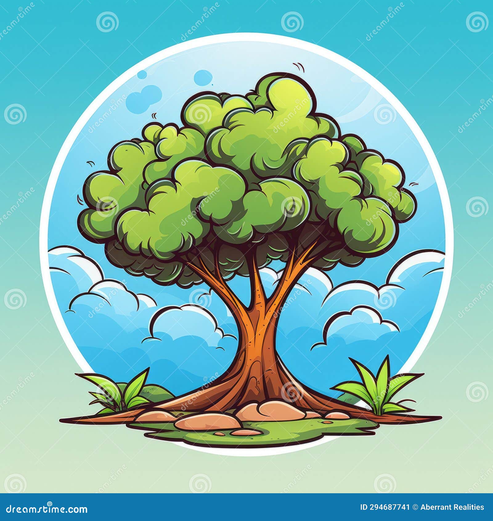 Cartoon Illustration of a Tree in a Circle with Clouds in the ...