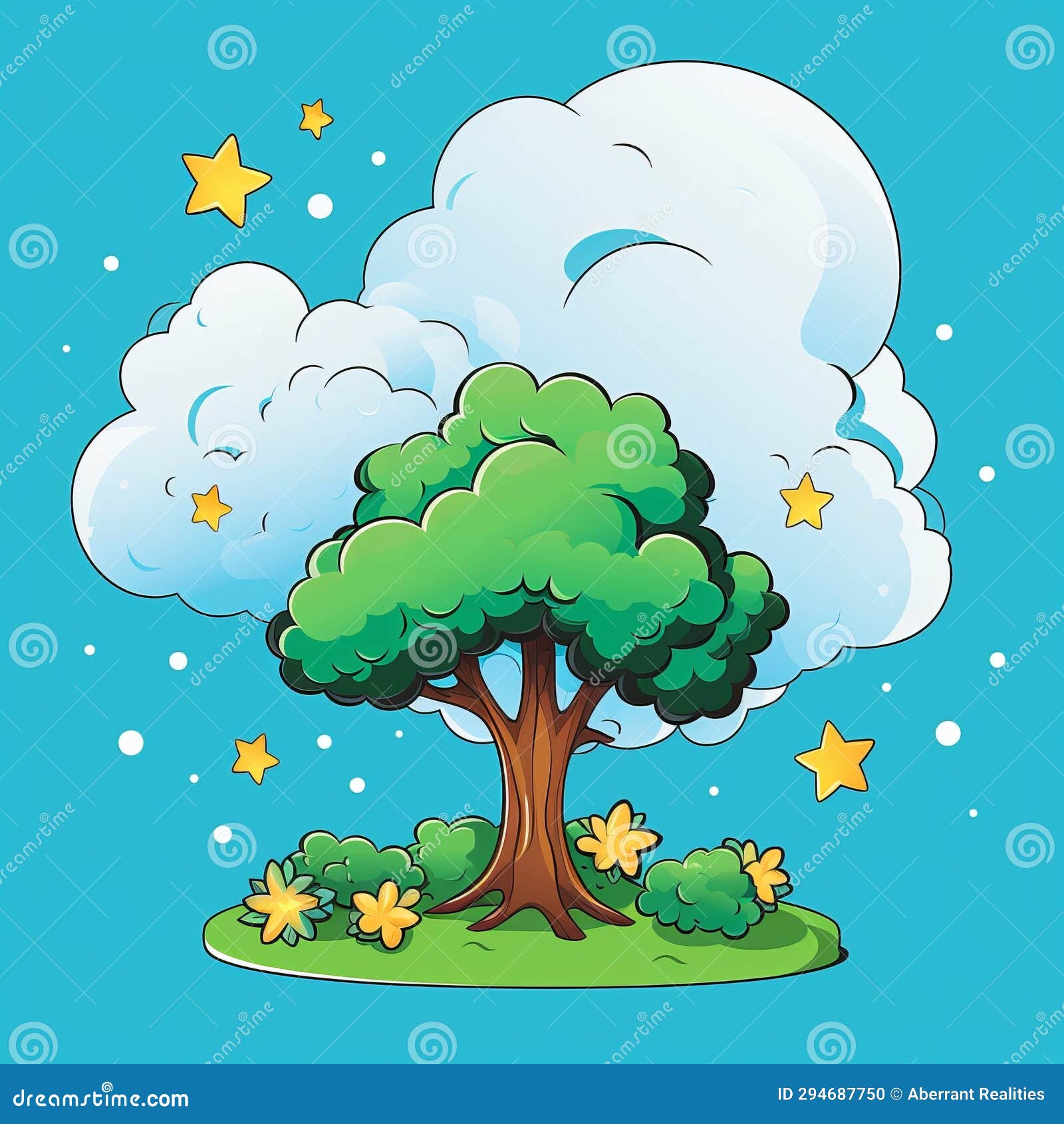 Cartoon Illustration of a Tree with Clouds and Stars Stock Illustration ...