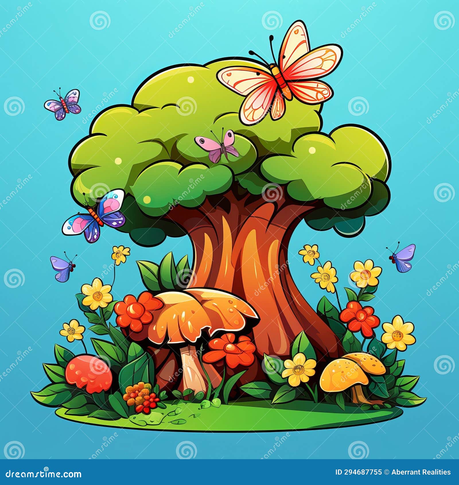 Cartoon Illustration of a Tree with Flowers and Butterflies Stock ...