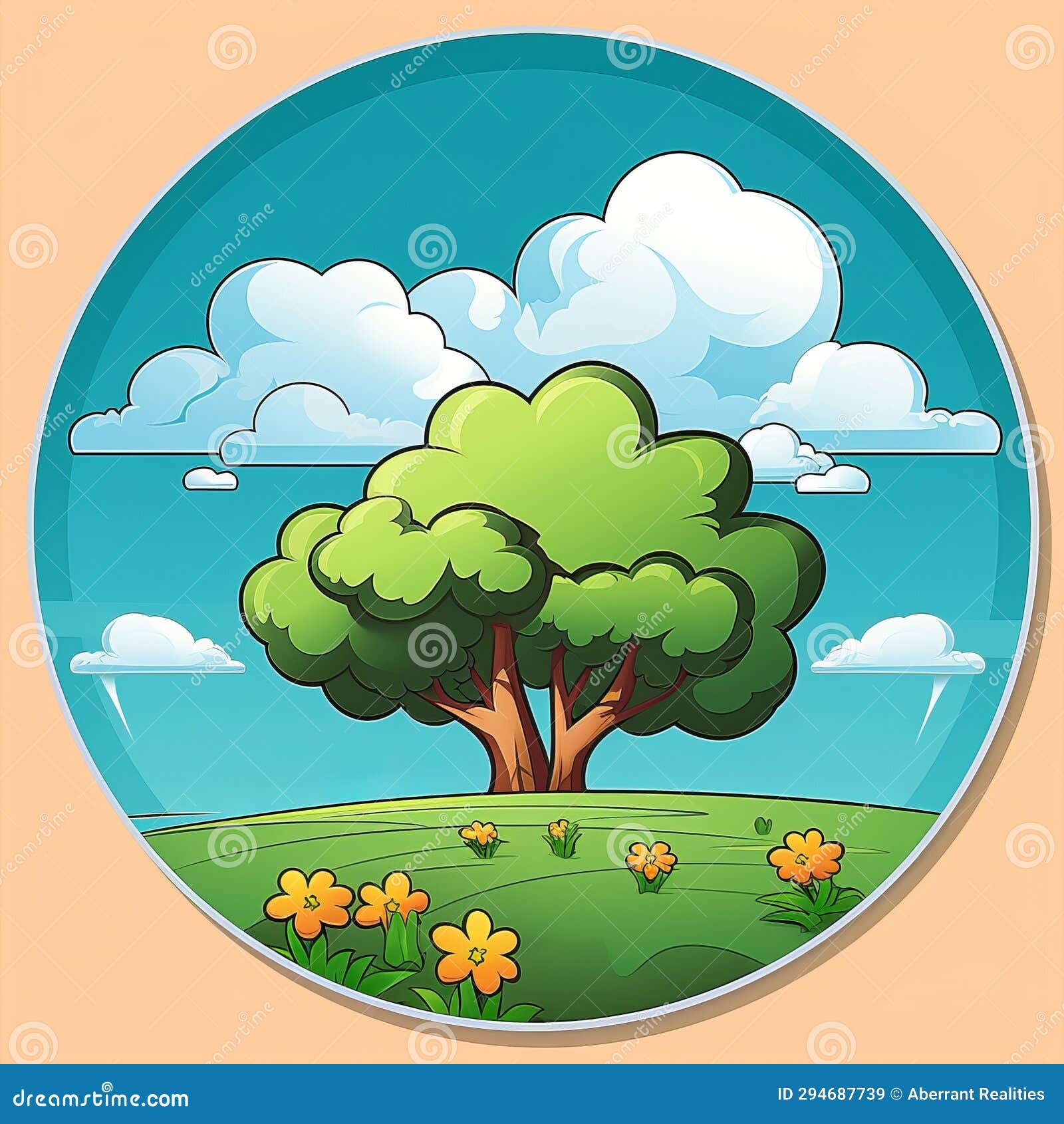 Cartoon Illustration of a Tree and Flowers in a Field Stock ...