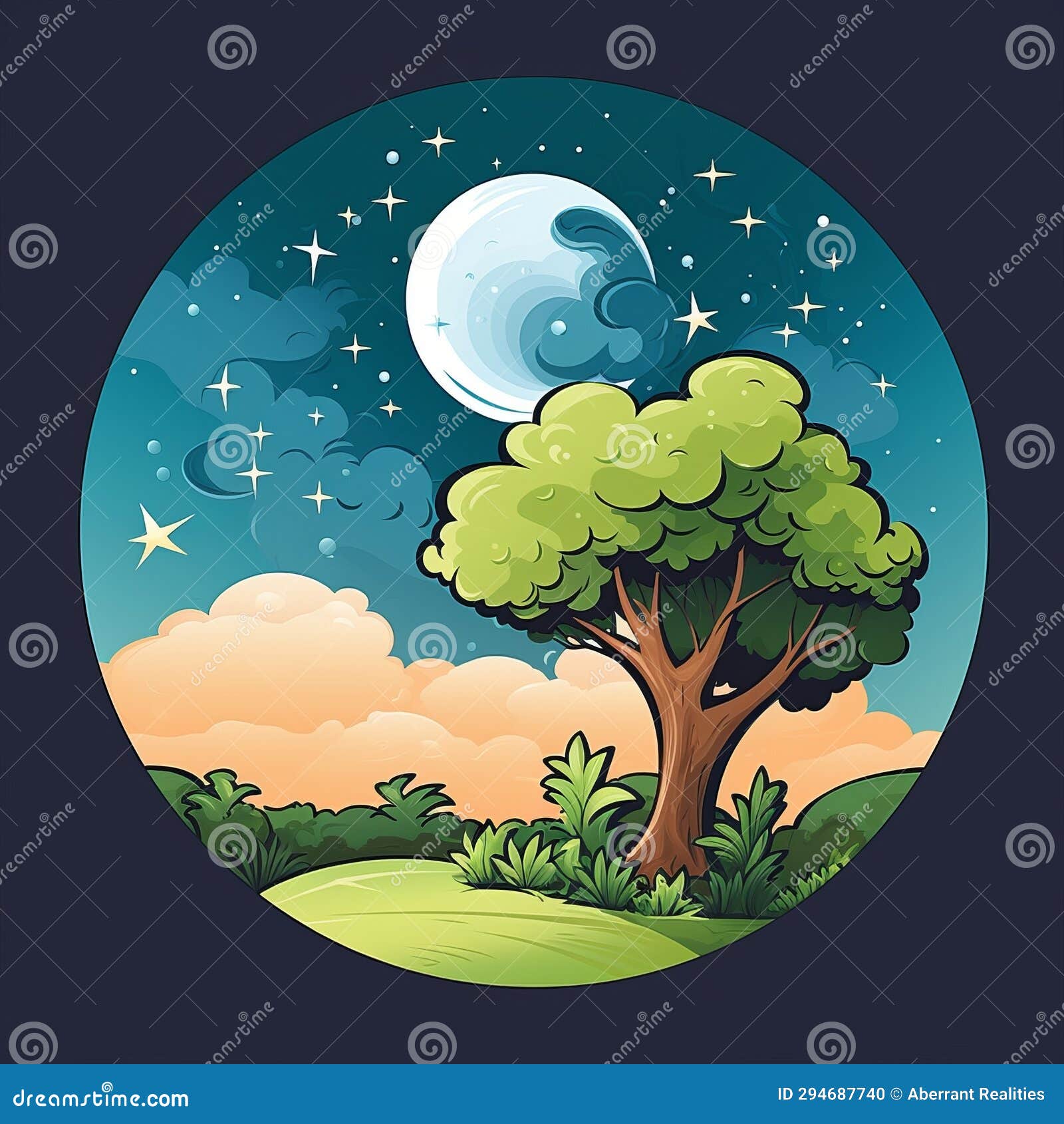 Cartoon Illustration of a Tree and Moon in the Night Sky Stock ...