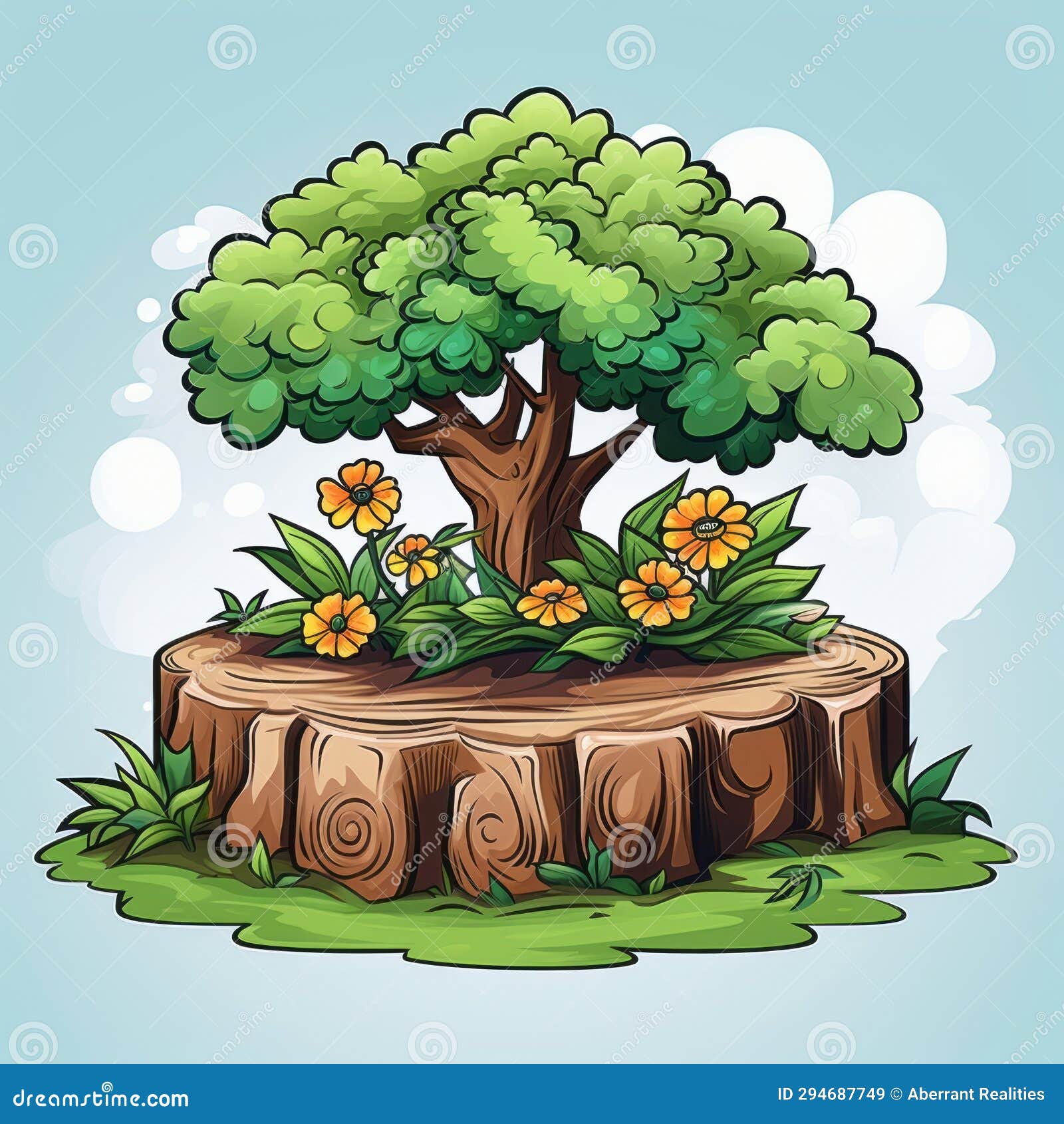 Cartoon Illustration of a Tree Stump with Flowers on it Stock ...