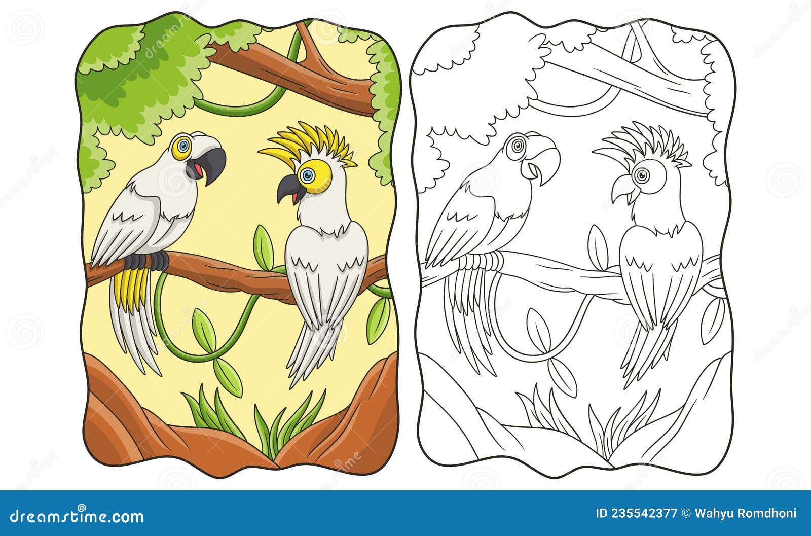 Cartoon Illustration Two Parrots on the Tree Trunk Book Stock ...