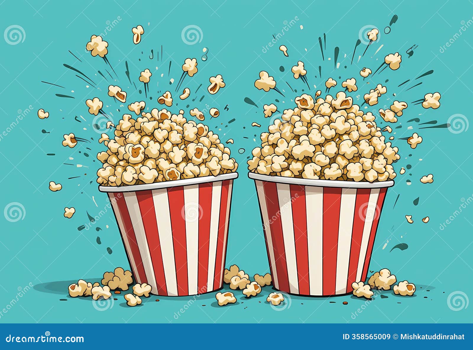 Cartoon Illustration of Two Popcorn Buckets Overflowing with Popcorn ...