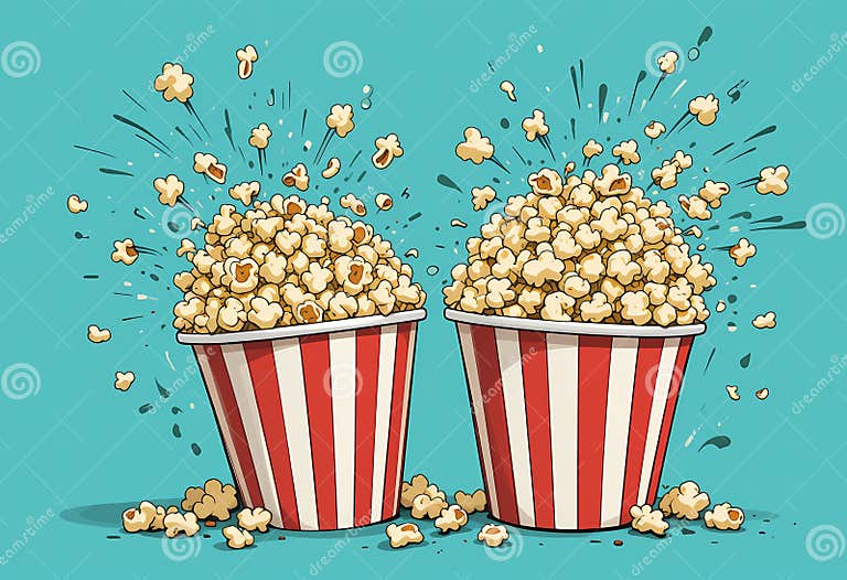 Cartoon Illustration of Two Popcorn Buckets Overflowing with Popcorn ...