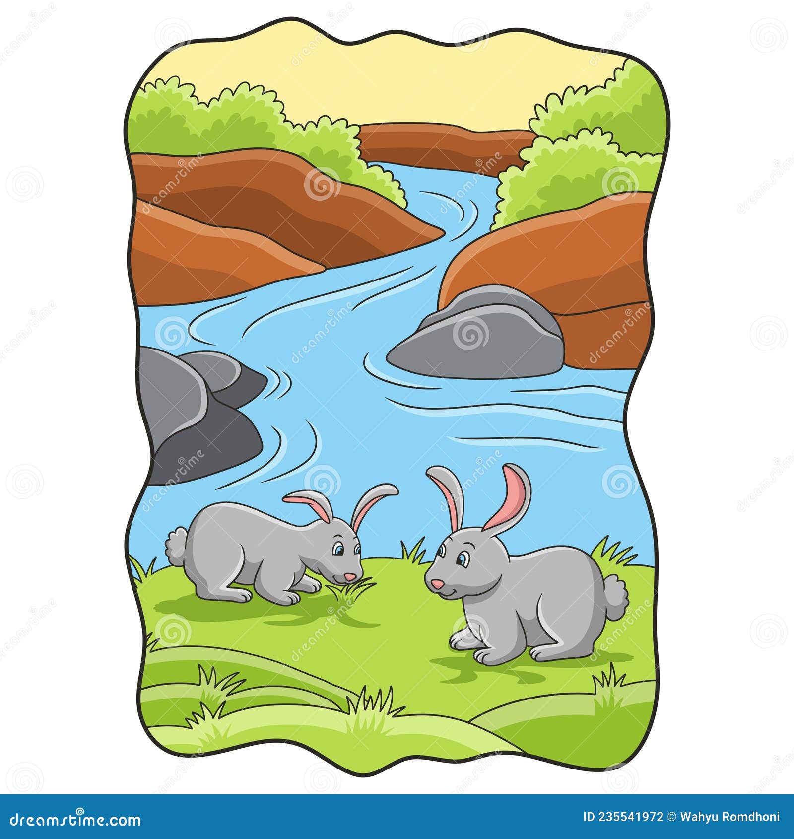 Cartoon Illustration Two Rabbits Eating Grass Stock Illustration ...