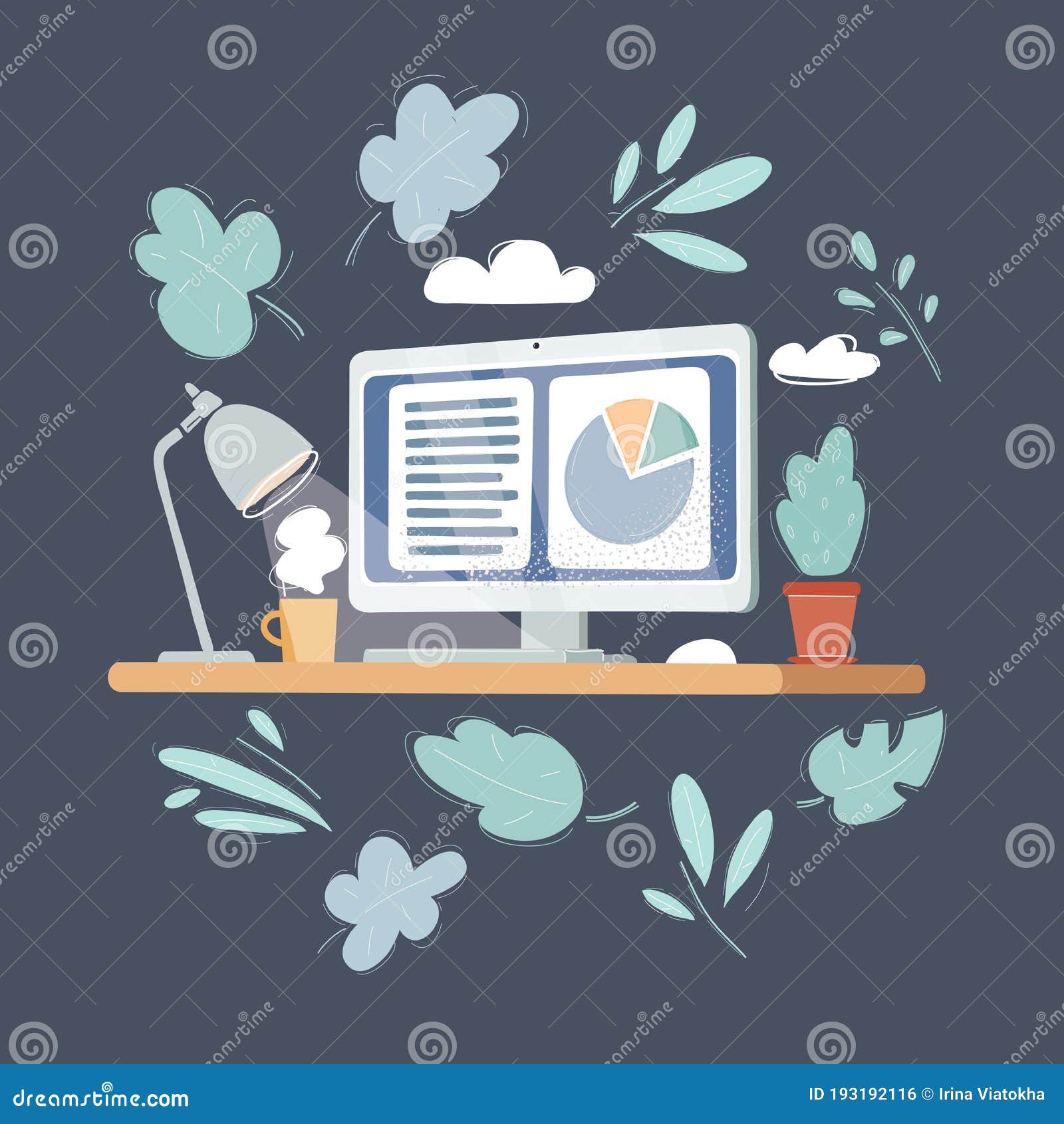 Cartoon Illustration of Working Place with the Computer and Lamp in the ...