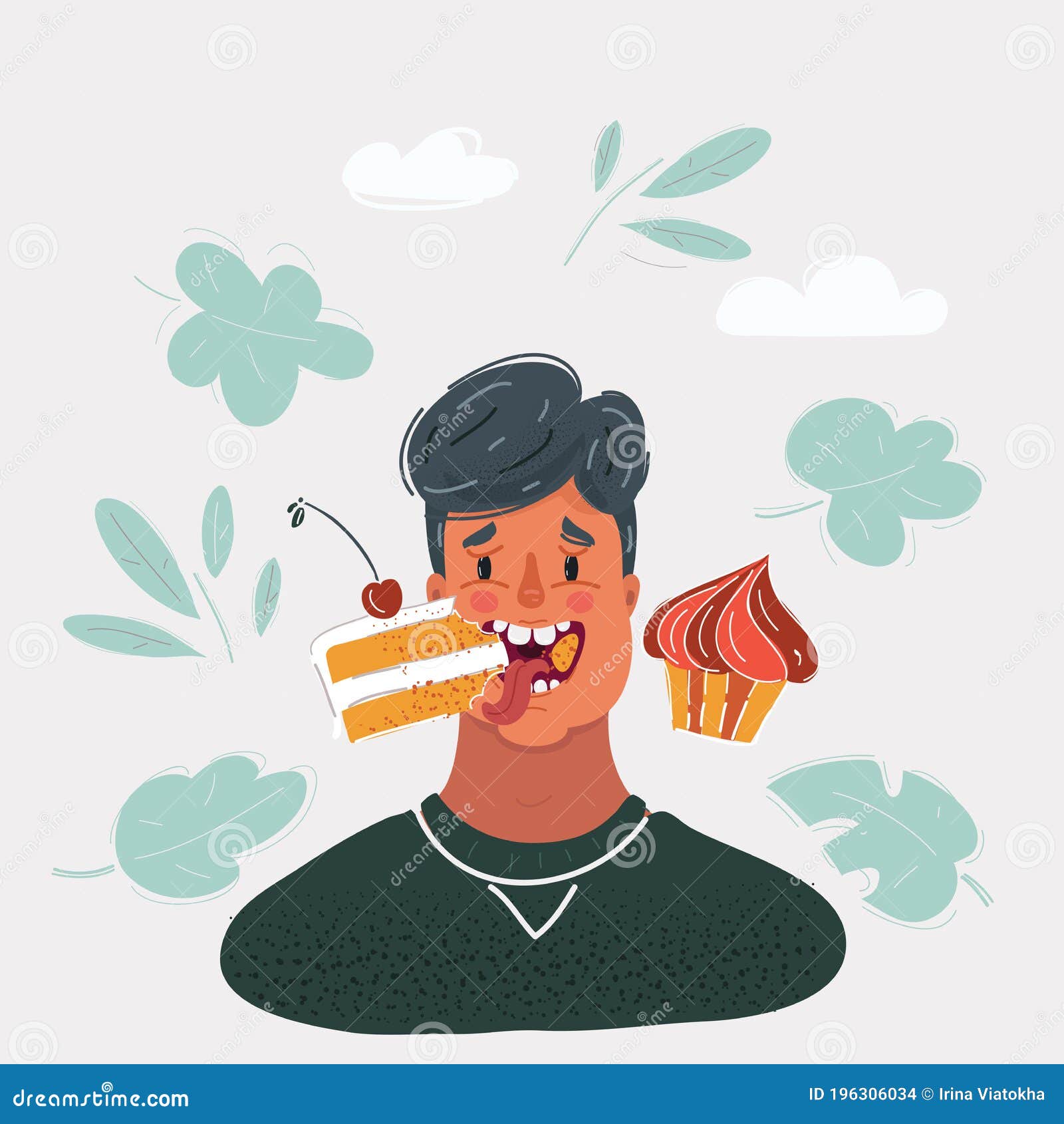 Cartoon Illustration Of Young Man Eating Cake On Dark Background ...