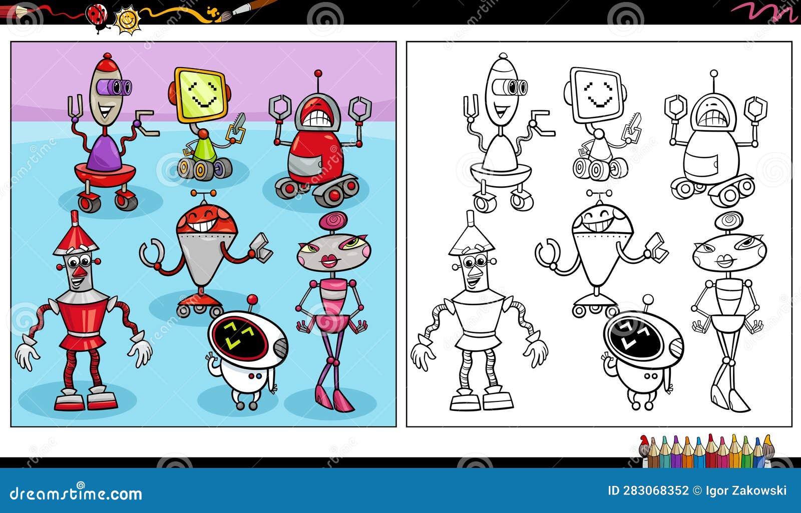 Comic Robots Or Droids Characters Group Coloring Page Vector ...