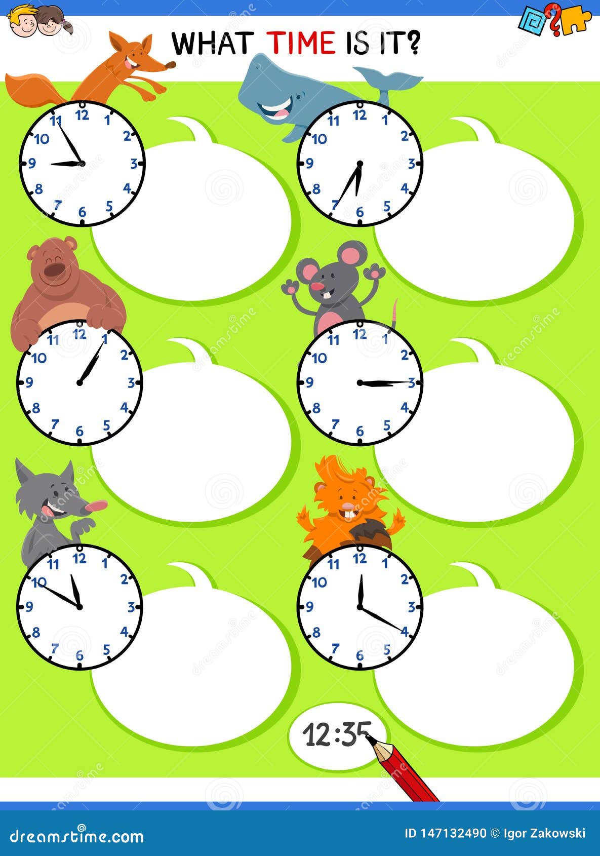 Telling Time Educational Activity with Animals Stock Vector ...