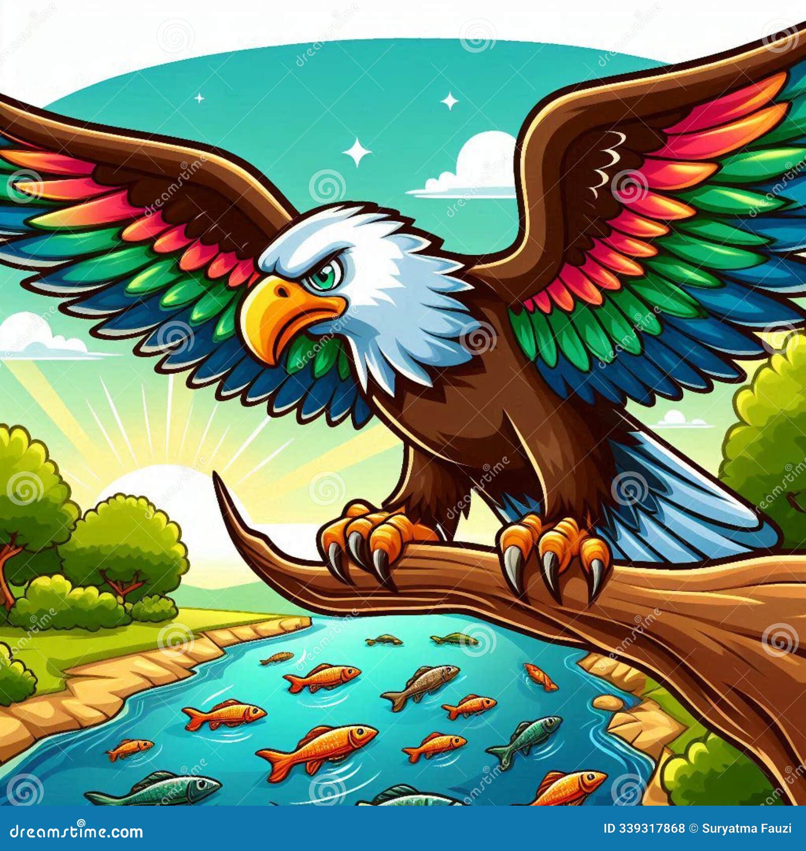 An Eagle Standing On A Branch. Illustration In Black And White. Cartoon ...