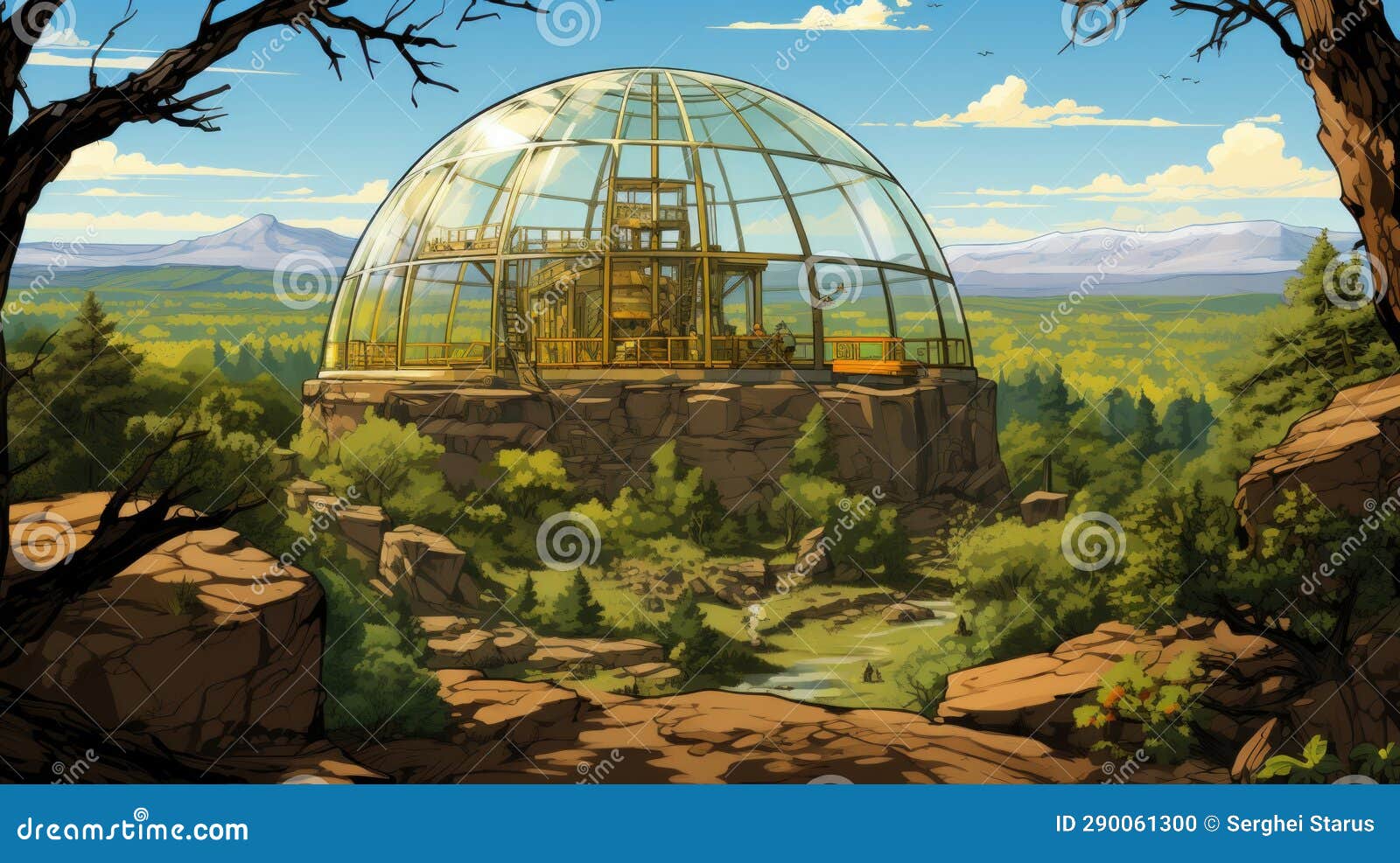 A Cartoon Image of a Glass Dome with a Tree in the Background, AI Stock ...