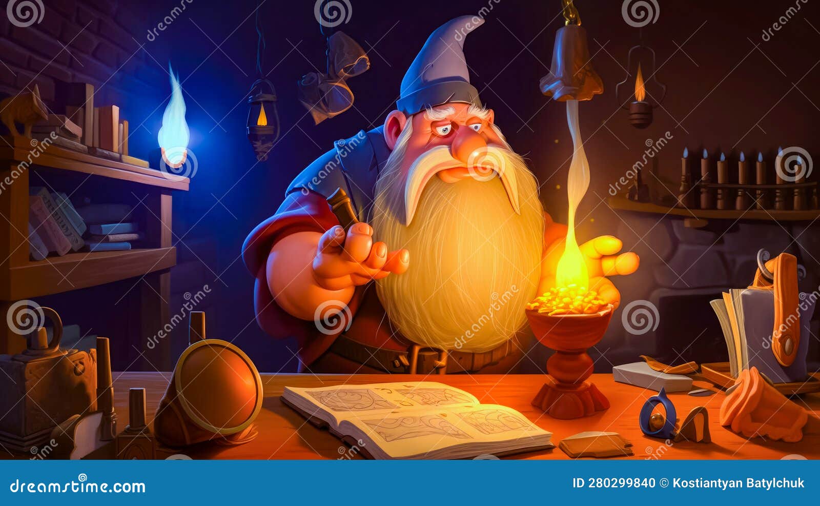 Cartoon Image of Wizard with Pot of Gold in His Hand. Generative AI ...
